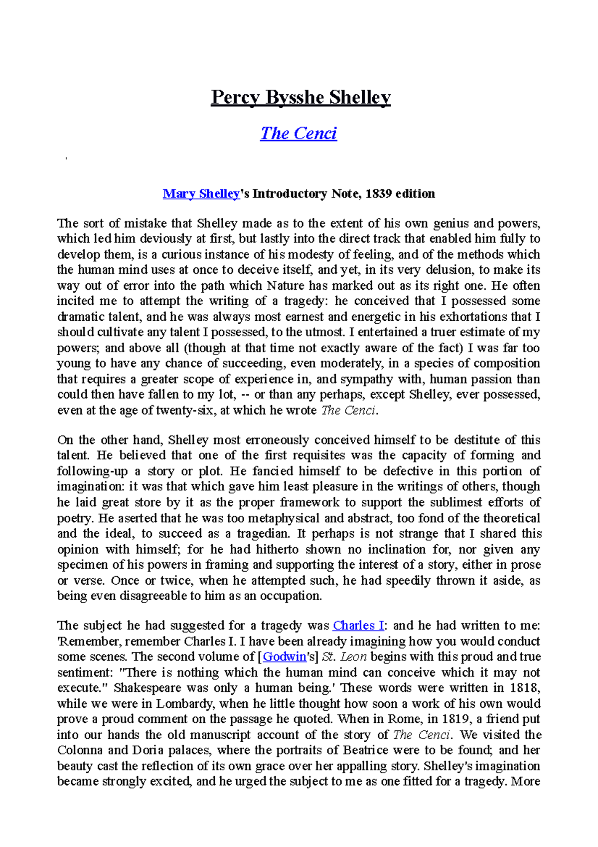 Shelley-The Cenci - Appunti - Percy Bysshe Shelley The Cenci Mary ...