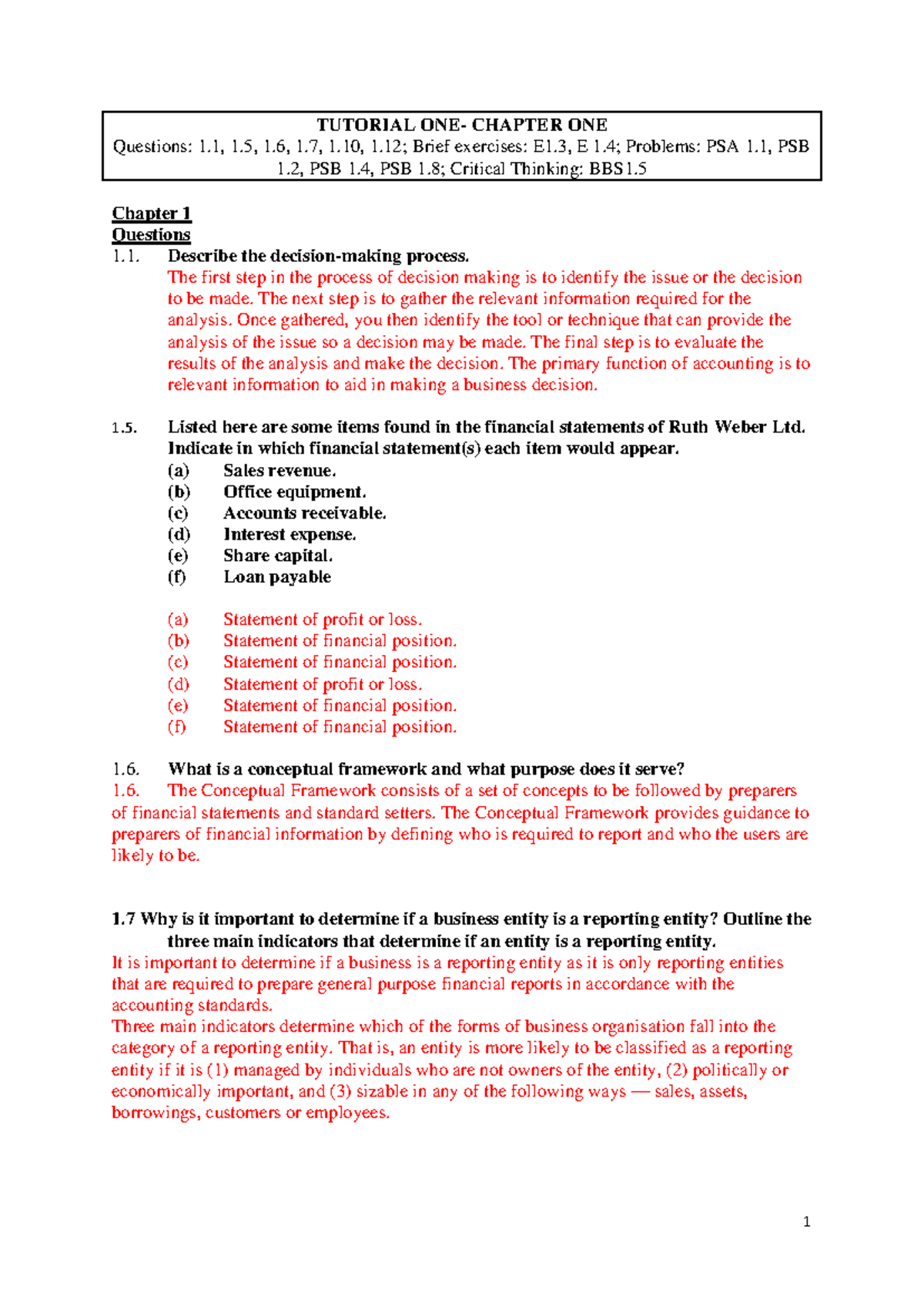 CO5117-TUTE 01 Solutions - TUTORIAL ONE- CHAPTER ONE Questions: 1, 1, 1 ...