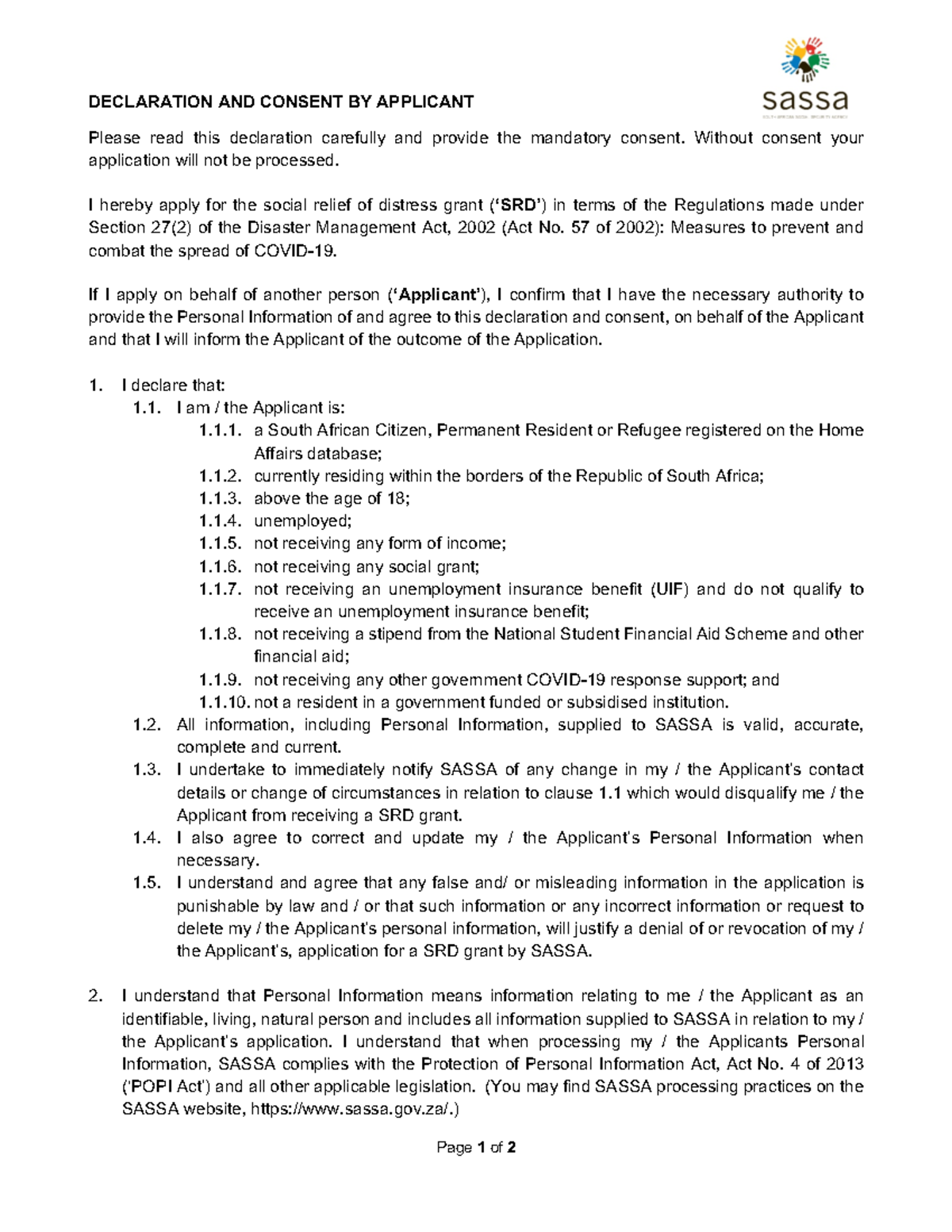 the Consent form document 2018 - Page 1 of 2 DECLARATION AND CONSENT BY ...
