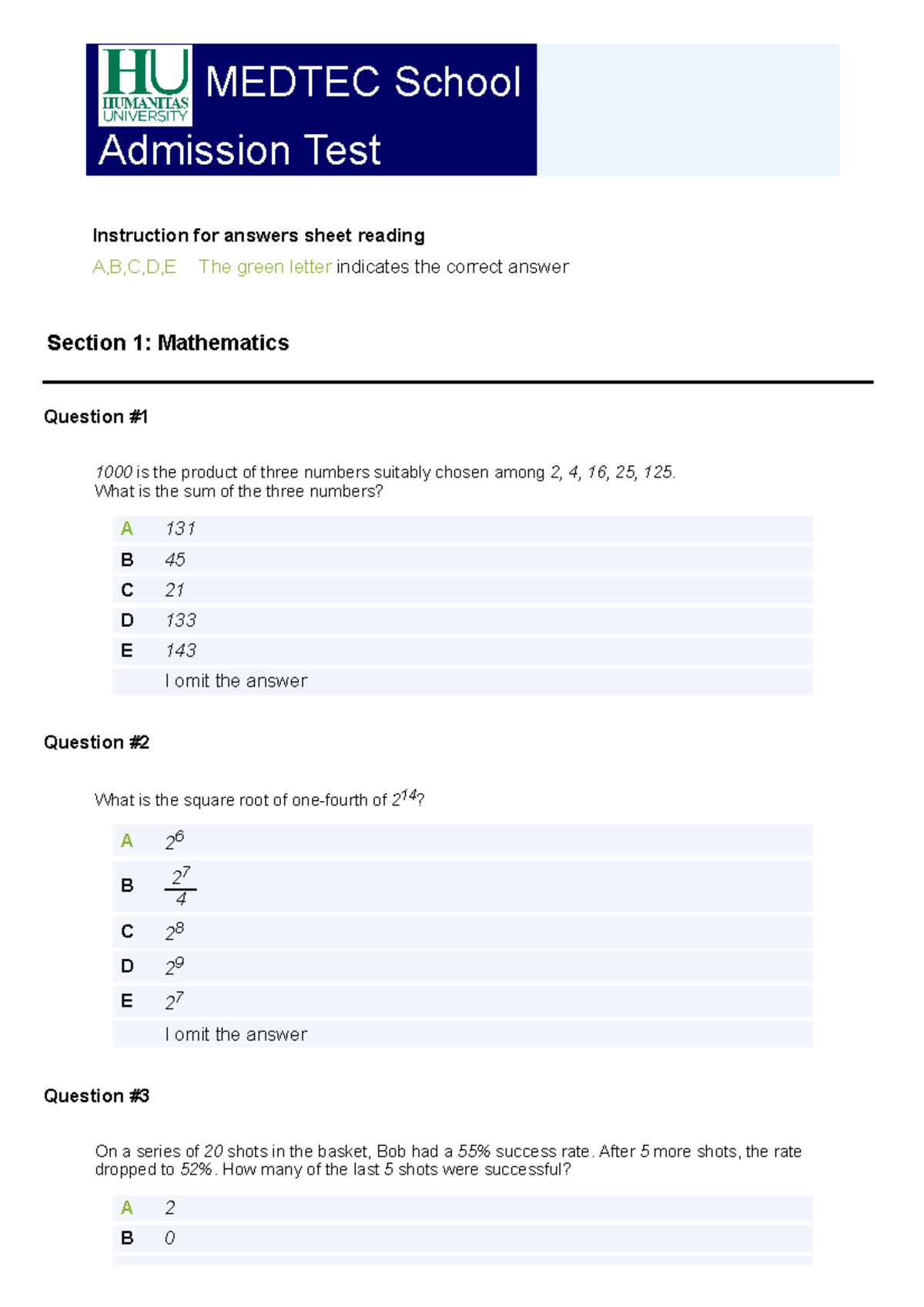 Sample- Medtec-School-1 - MEDTEC School Admission Test Instruction for ...