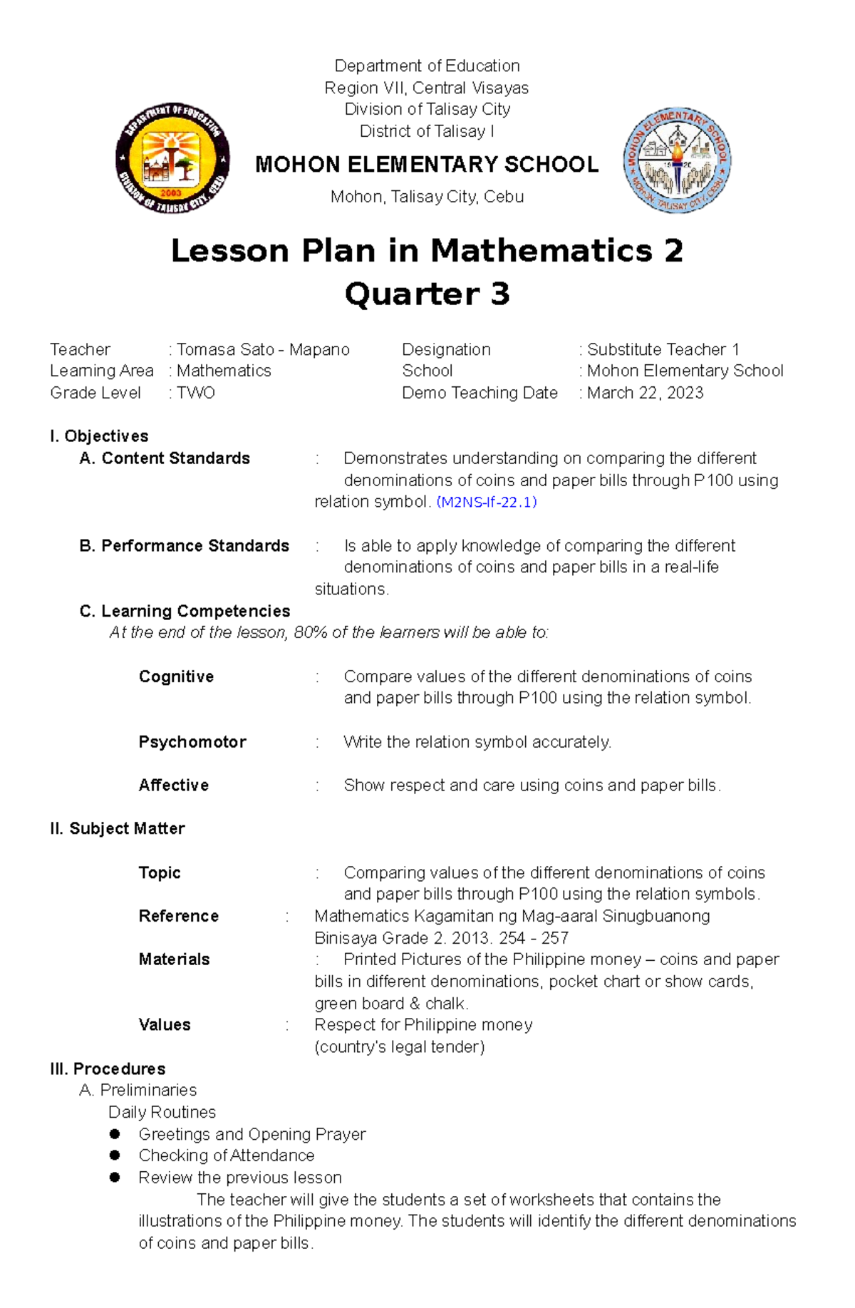 Lesson Plan in Mathematics II - Department of Education Region VII ...