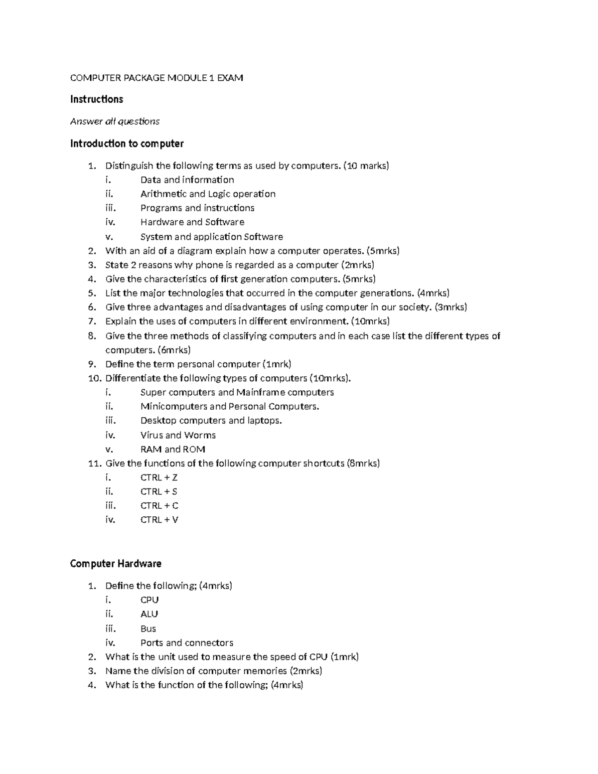 Computer Package MD1 EXAM - COMPUTER PACKAGE MODULE 1 EXAM Instructions ...