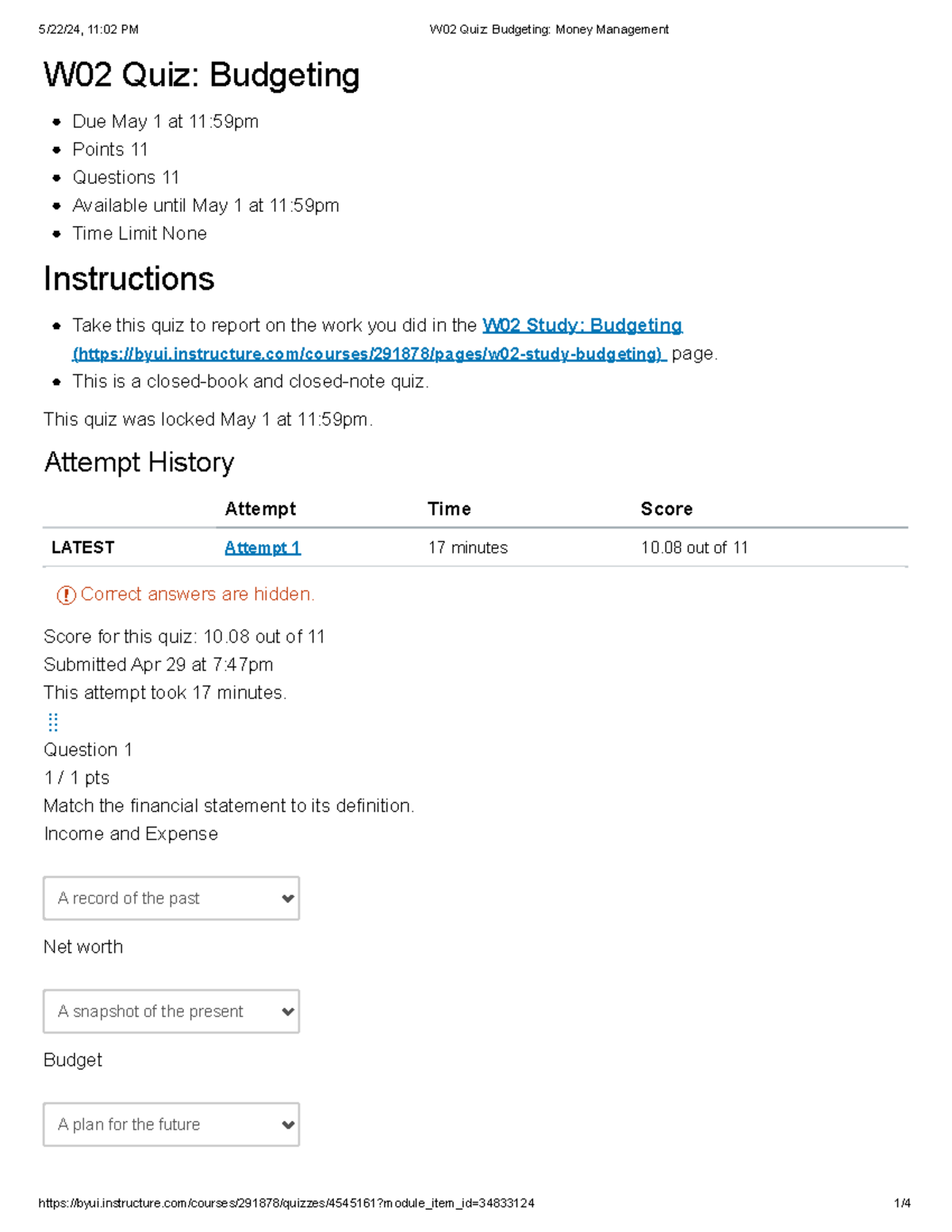 W02 Quiz Budgeting Money Management - W02 Quiz: Budgeting Due May 1 at ...