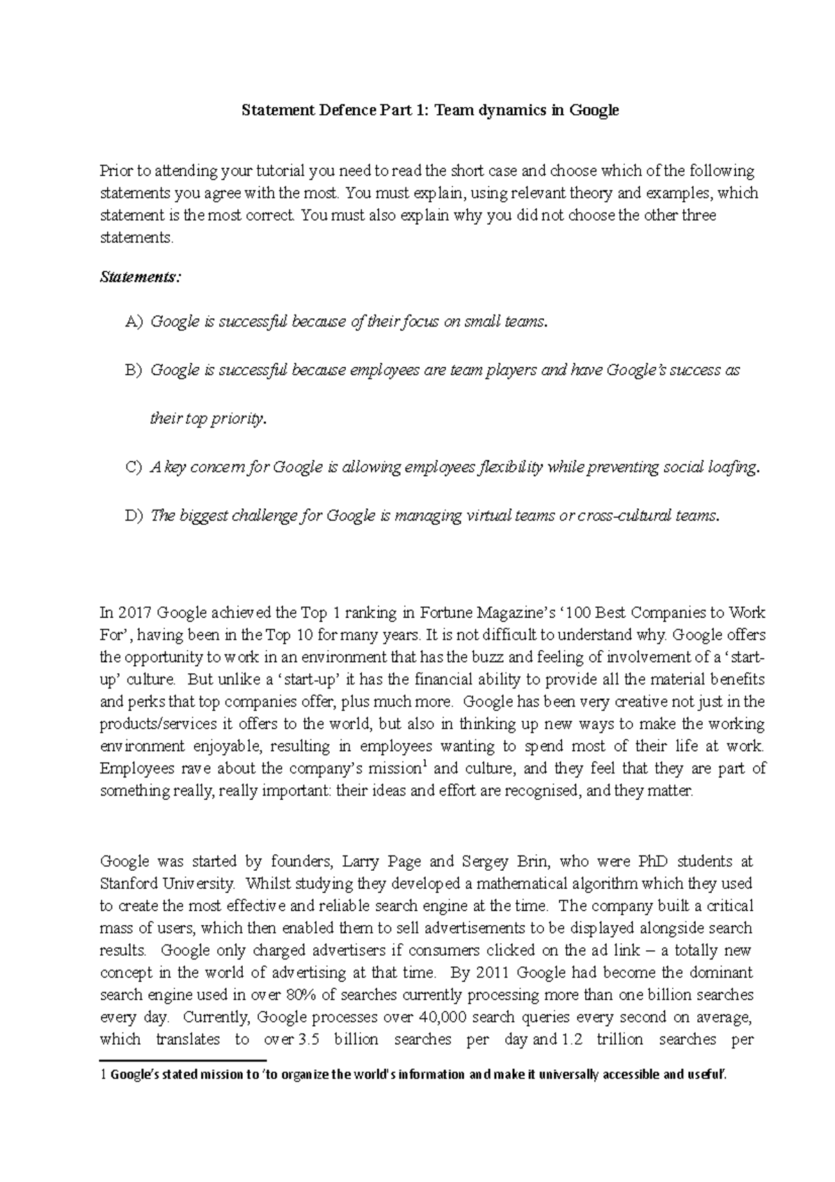 Statement Defence 1 Google Case - Team dynamics - Statement Defence ...