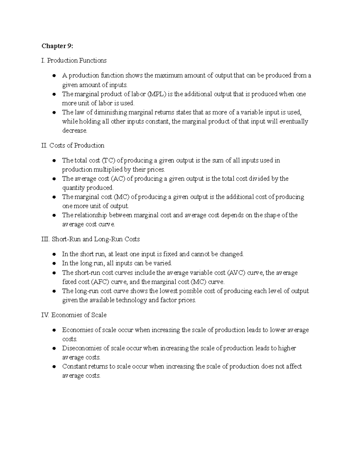 ECON 402 Chapter 9 - ECON 402 Notes for Ch 9 - Chapter 9: I. Production ...