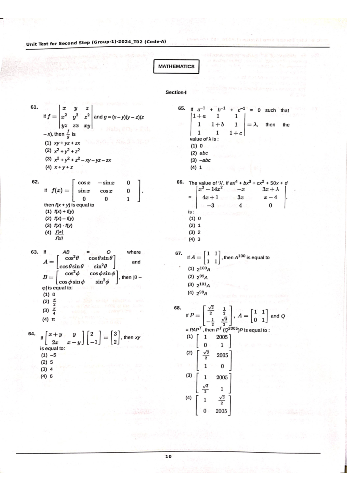 SS Maths Practice Paper - Unit Test for Second Step MATHEMATICS 61. 65 ...