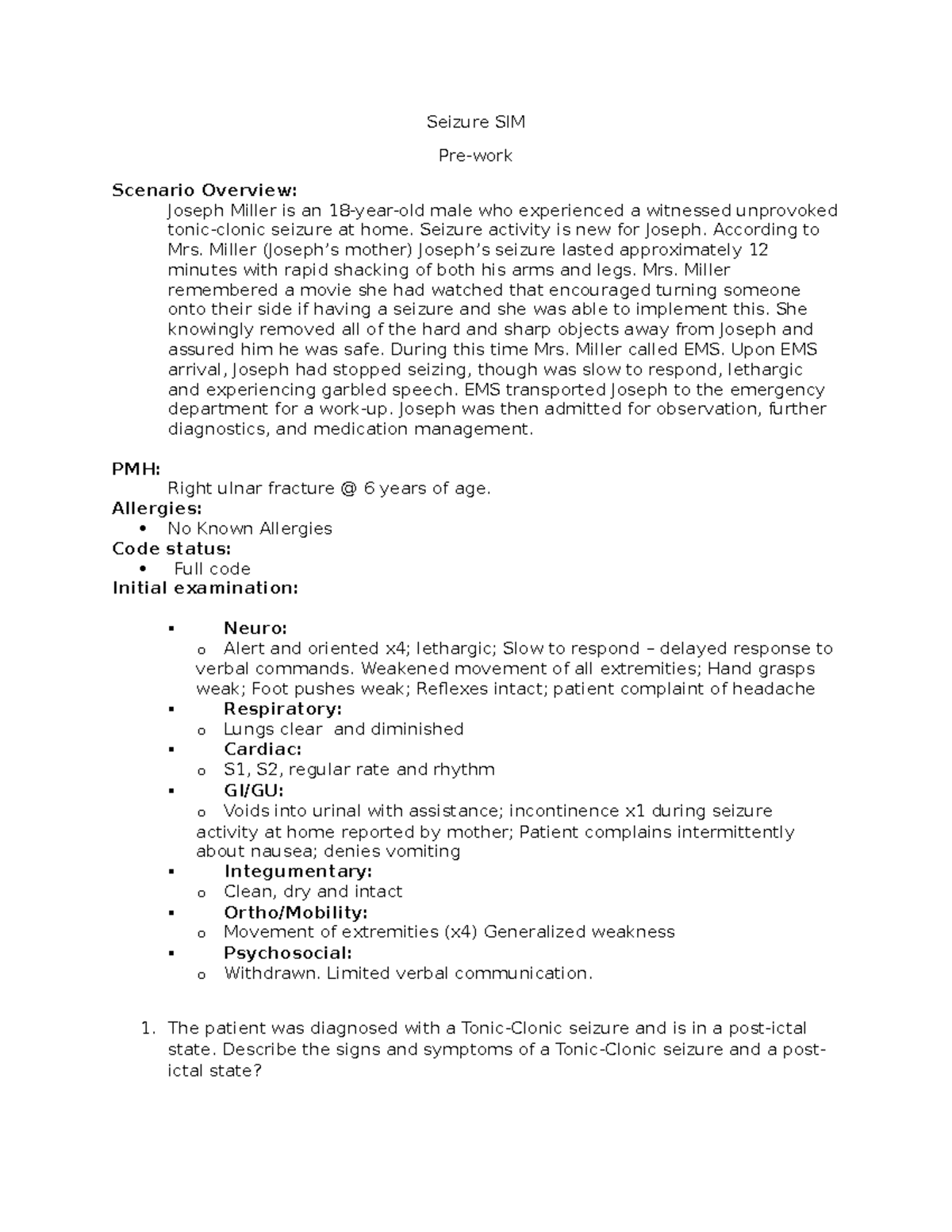 Seizure SIM Prework - health assessment - Seizure SIM Pre-work ...