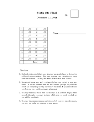 2021 Practice paper for the final exam - Math 121 Final December 7, 2021 EF: Name 1 - 2 3 - 4 5 ...