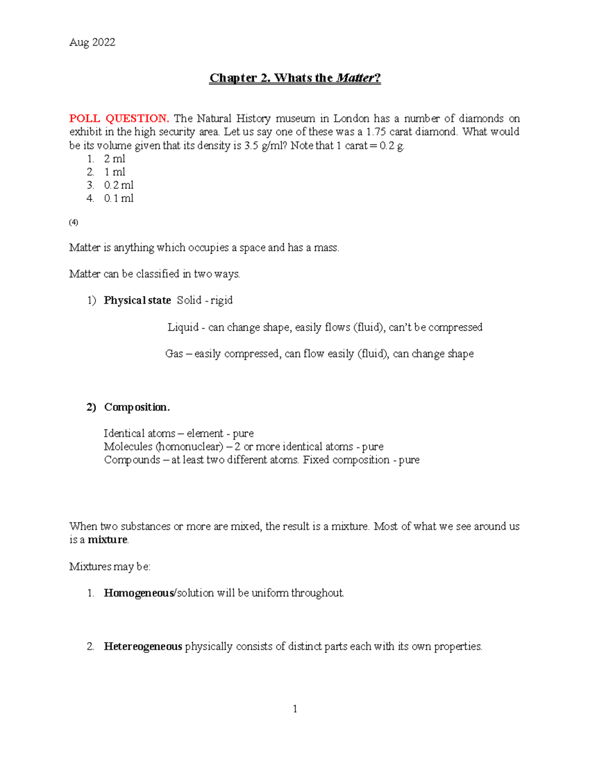 Notes chapter 2 matter Aug 2022 - Chapter 2. Whats the Matter? POLL ...