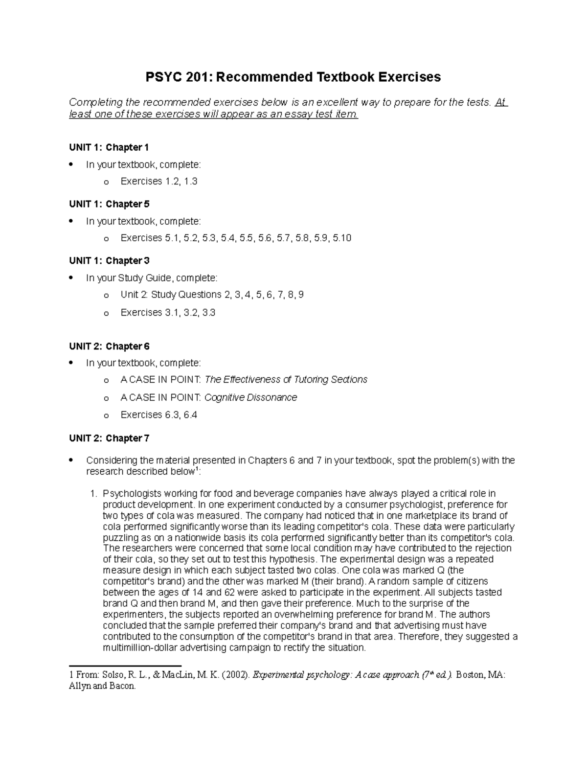 PSYC 201 A01 Spring 2015 Recommended Chapter Exercises - PSYC 201: Recommended Textbook ...