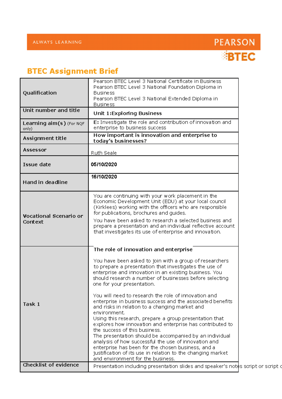 Authorised Assignment Brief E 2020 2021 - Studocu