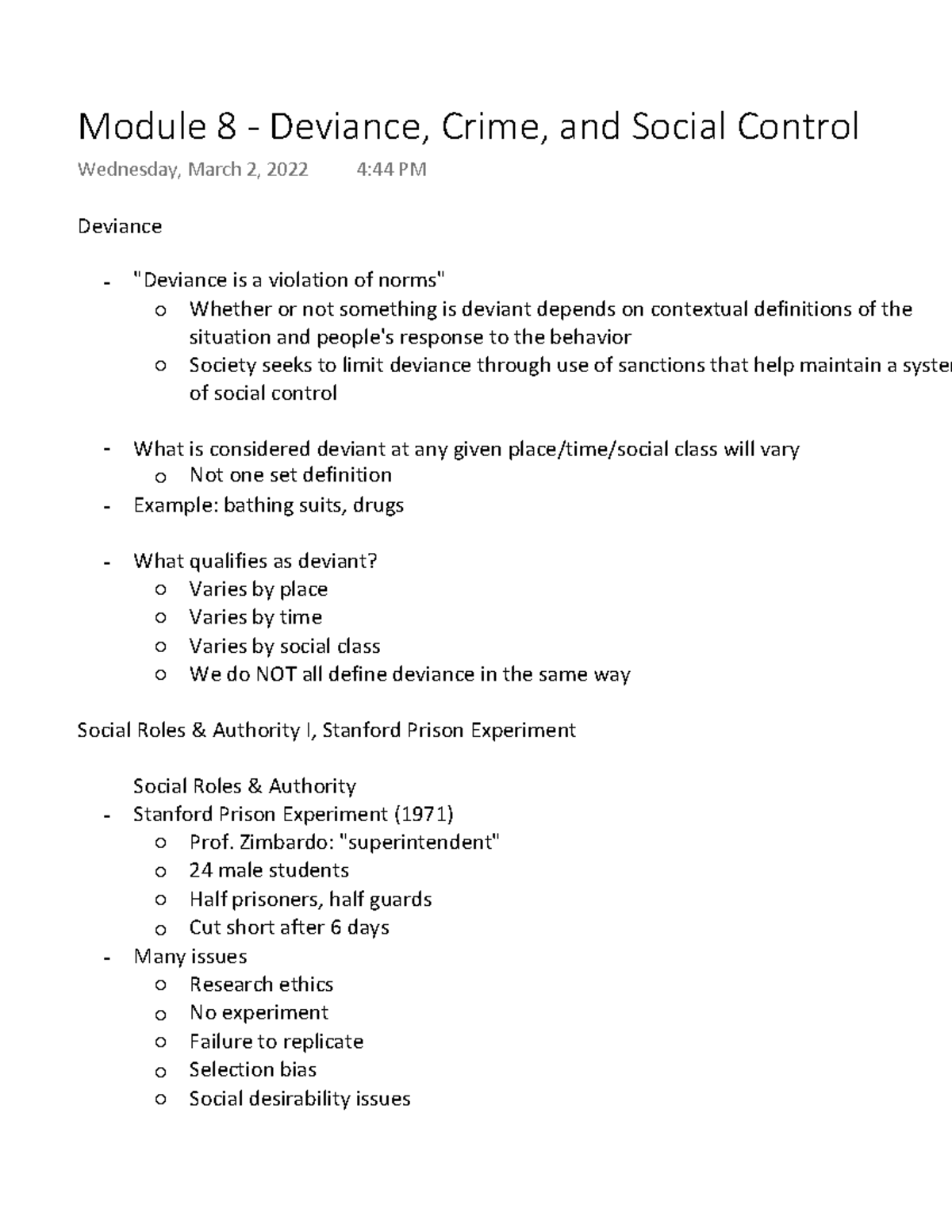 Module 8 - Deviance, Crime, and Social Control - Deviance "Deviance is a violation of - Studocu
