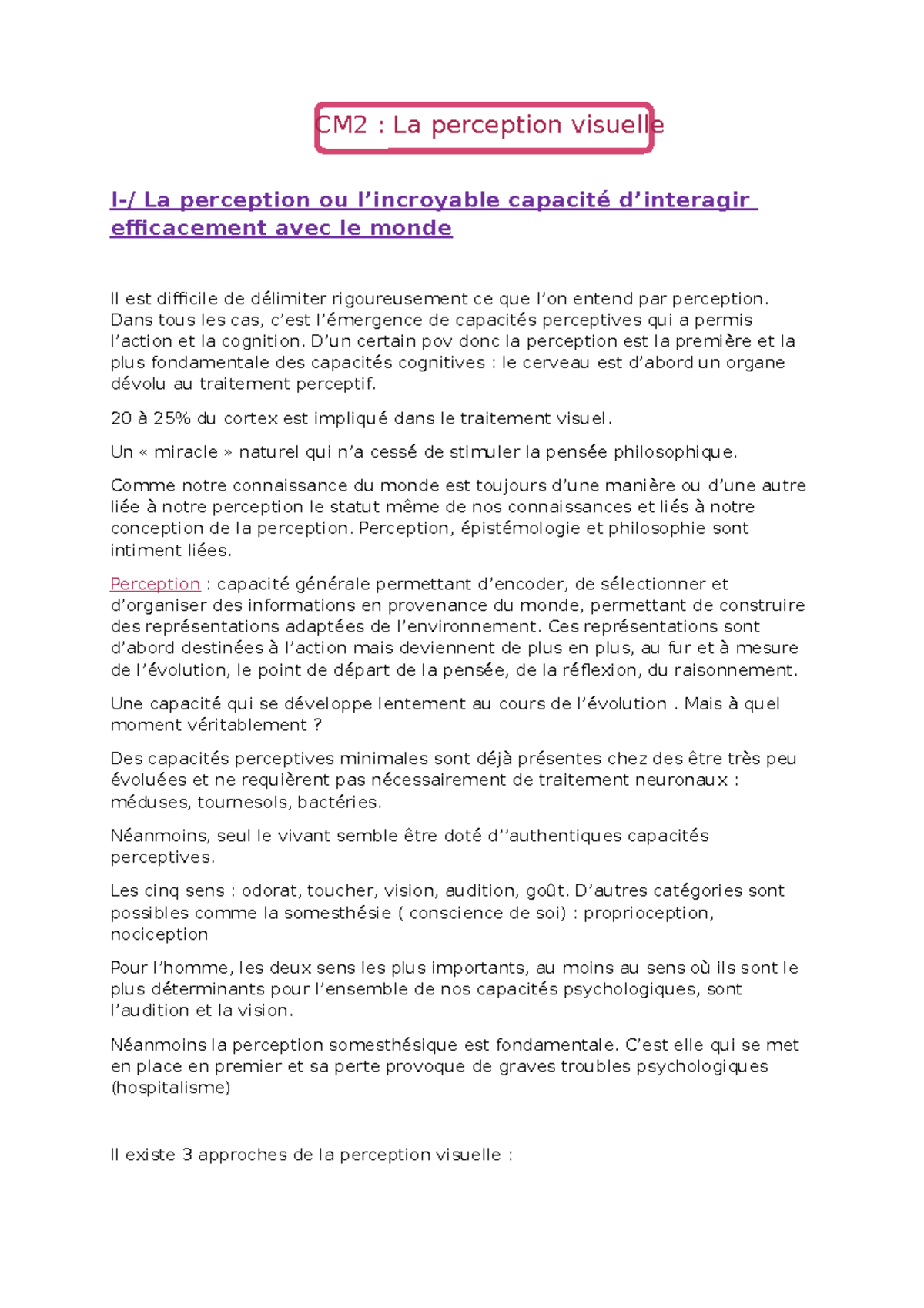 CM2 La perception visuelle - CM2 : La perception visuelle I-/ La ...