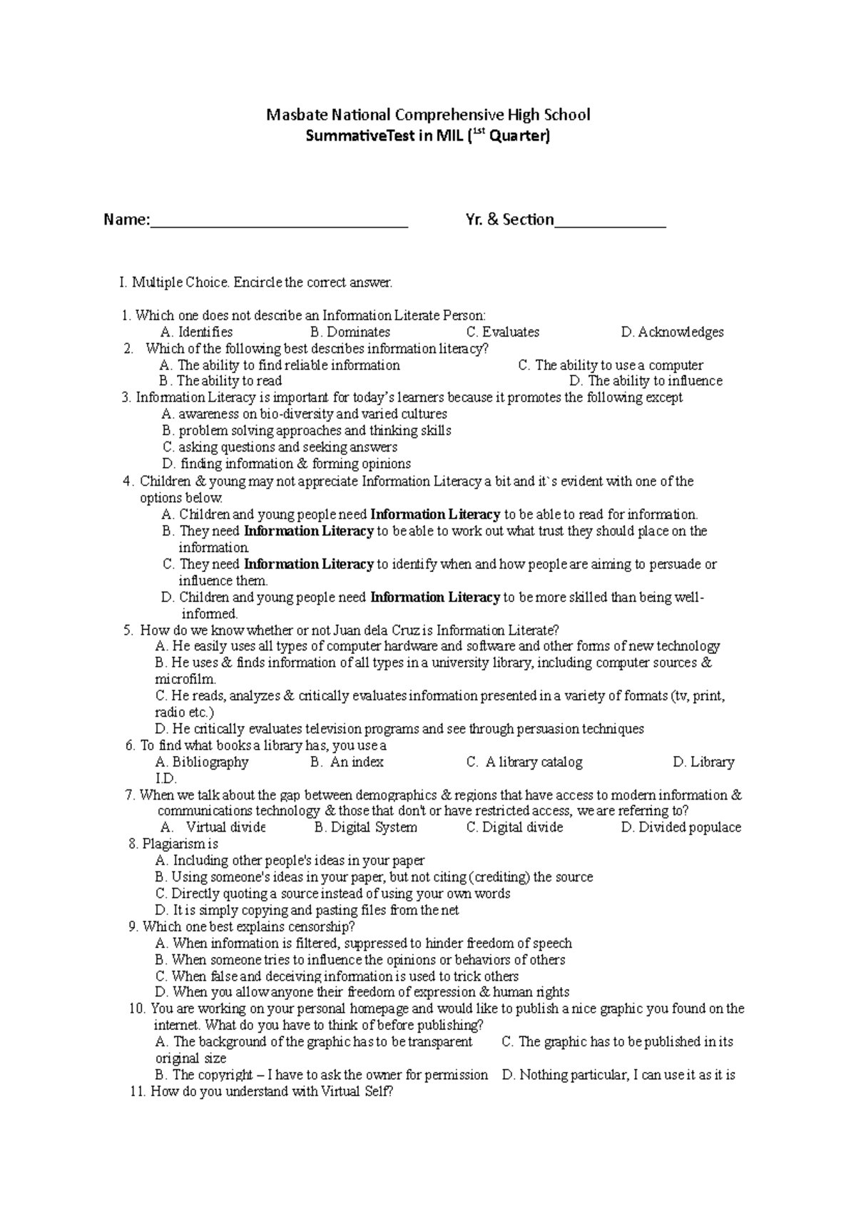 Unit Test-MIL 4th quarter - Masbate National Comprehensive High School ...