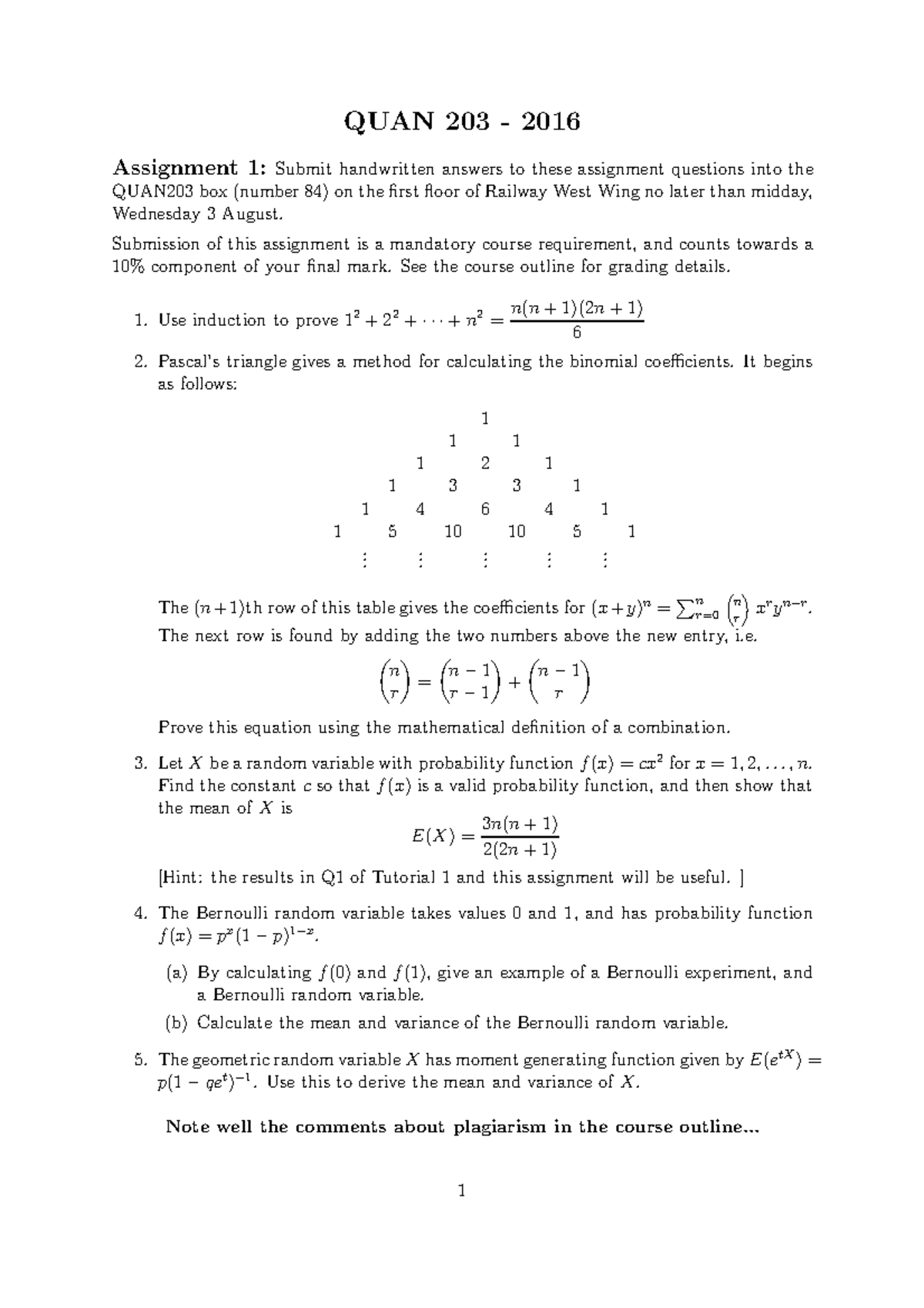Quan203 Assignment 1 - Questions - QUAN 203 - 2016 Assignment 1:Submit ...