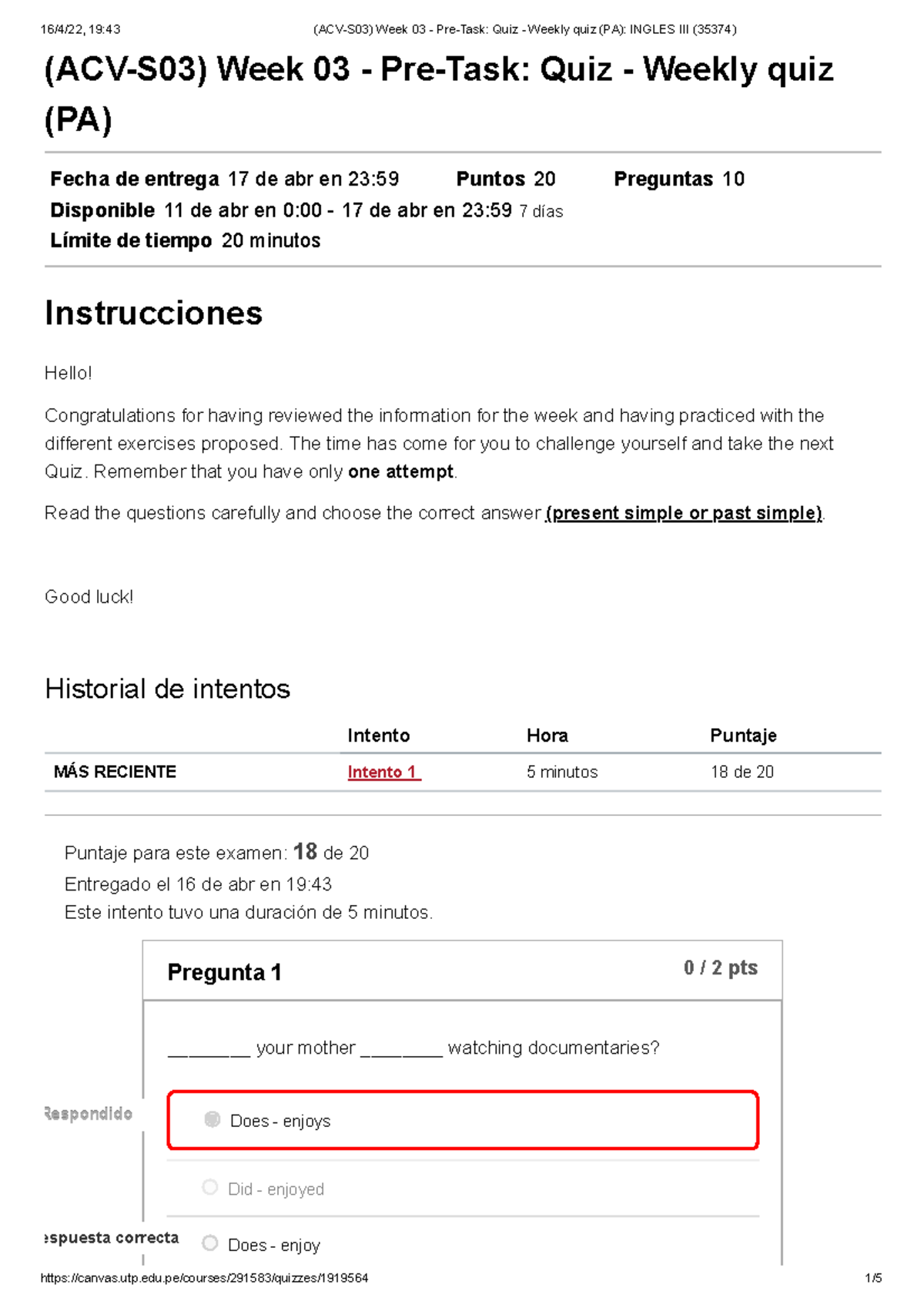 (ACV-S03) Week 03 - Pre-Task Quiz - Weekly quiz (PA) Ingles III (35374) - (ACV-S03) Week 03 ...