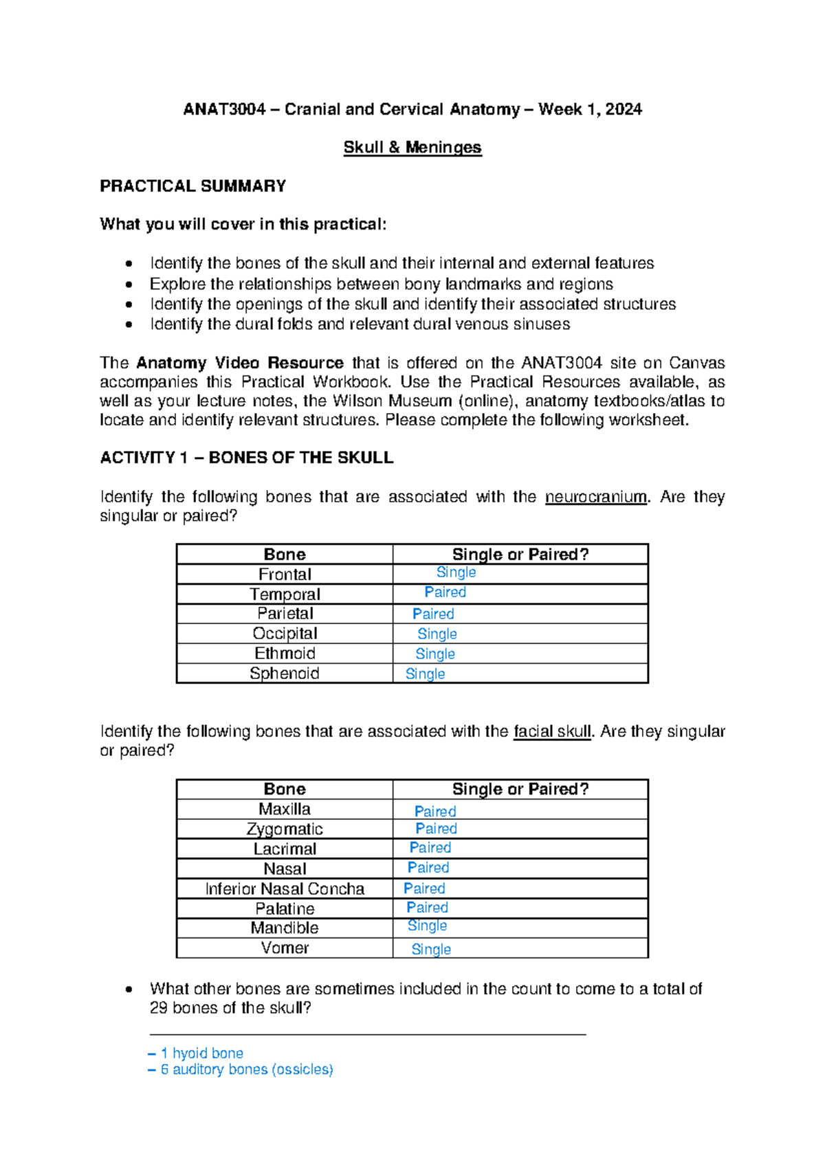 W1 Practical Worksheet (Skull) Student 2024 - ANAT3004 – Cranial and ...