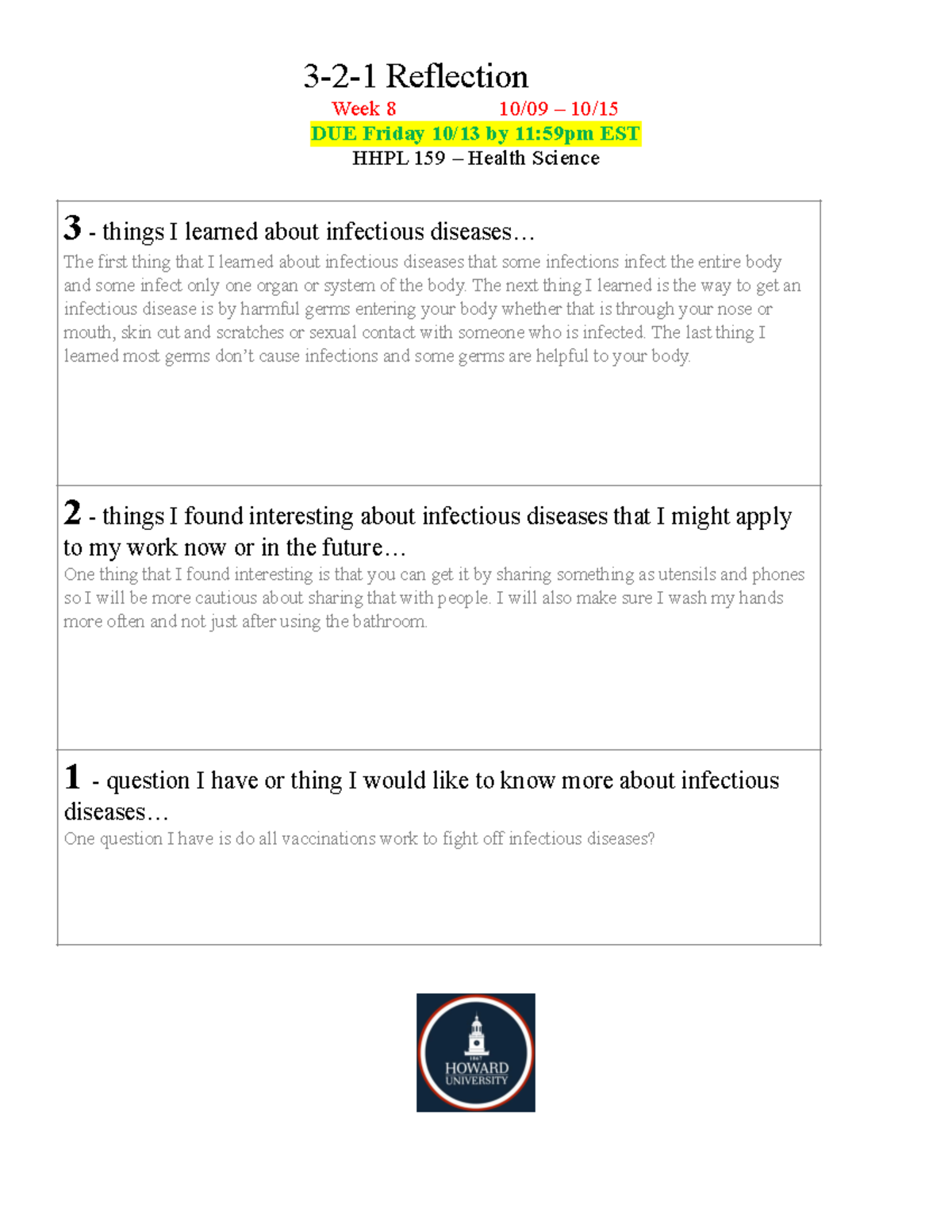 3-2-1 Reflection Week 8 - 3-2-1 Reflection Week 8 10/09 – 10/ DUE ...