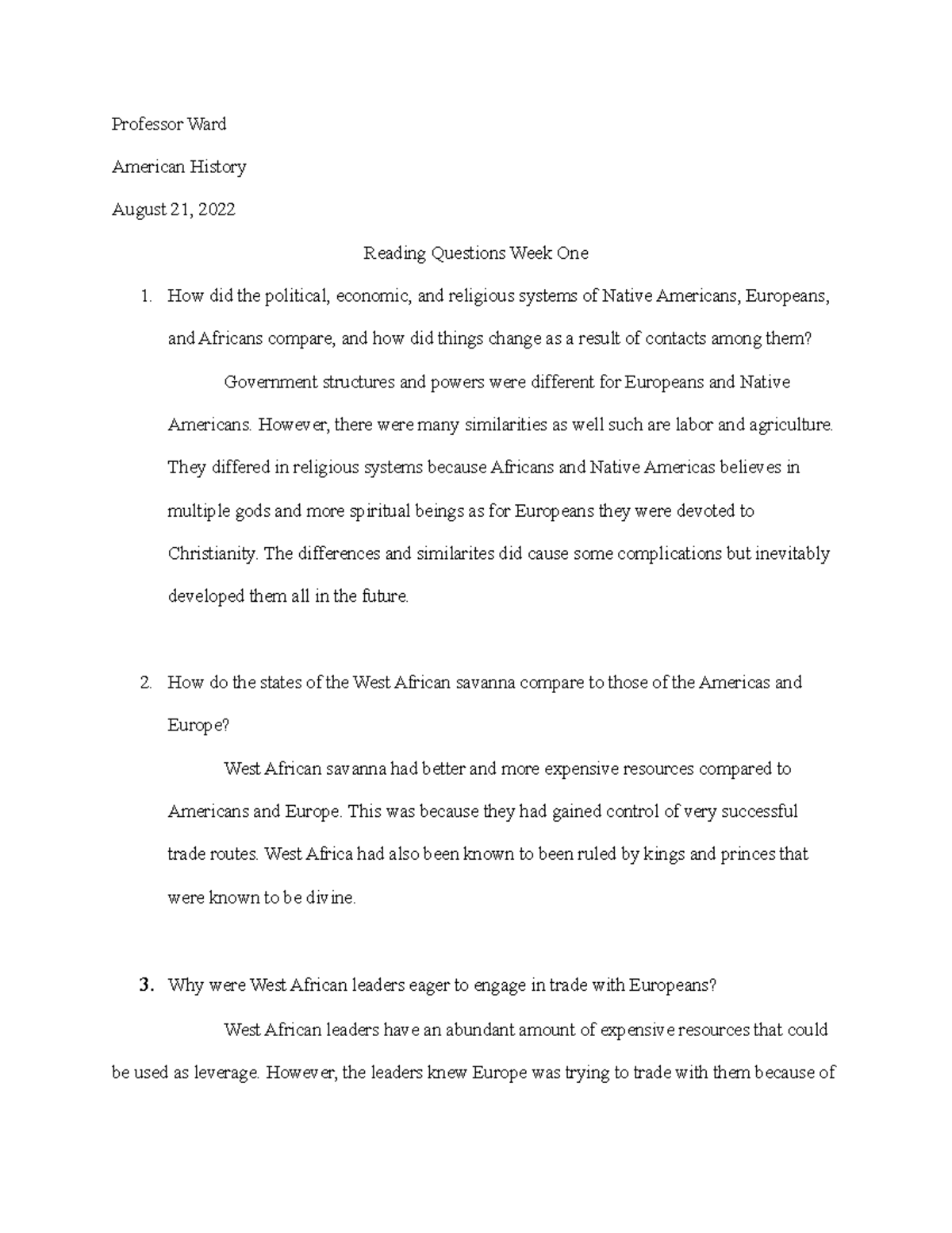Reading Questions 1 - First week assignment answers - Professor Ward ...