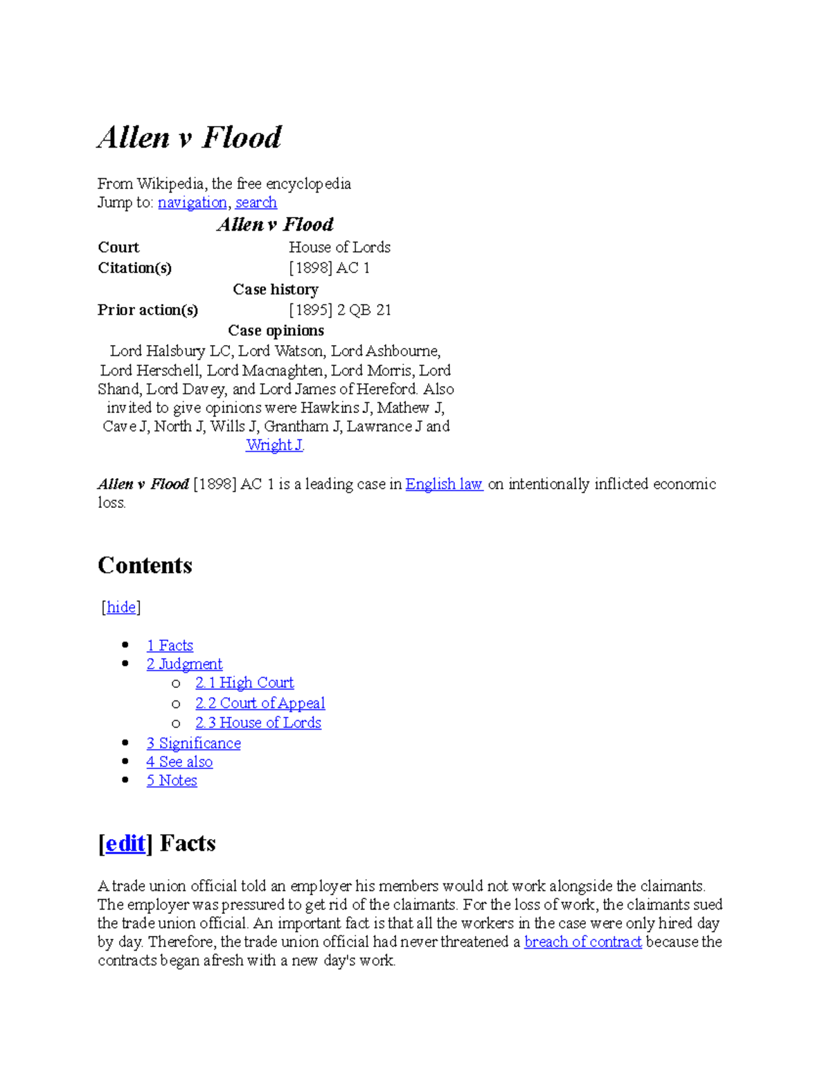 Allen v Flood - Case - Allen v Flood From Wikipedia, the free ...