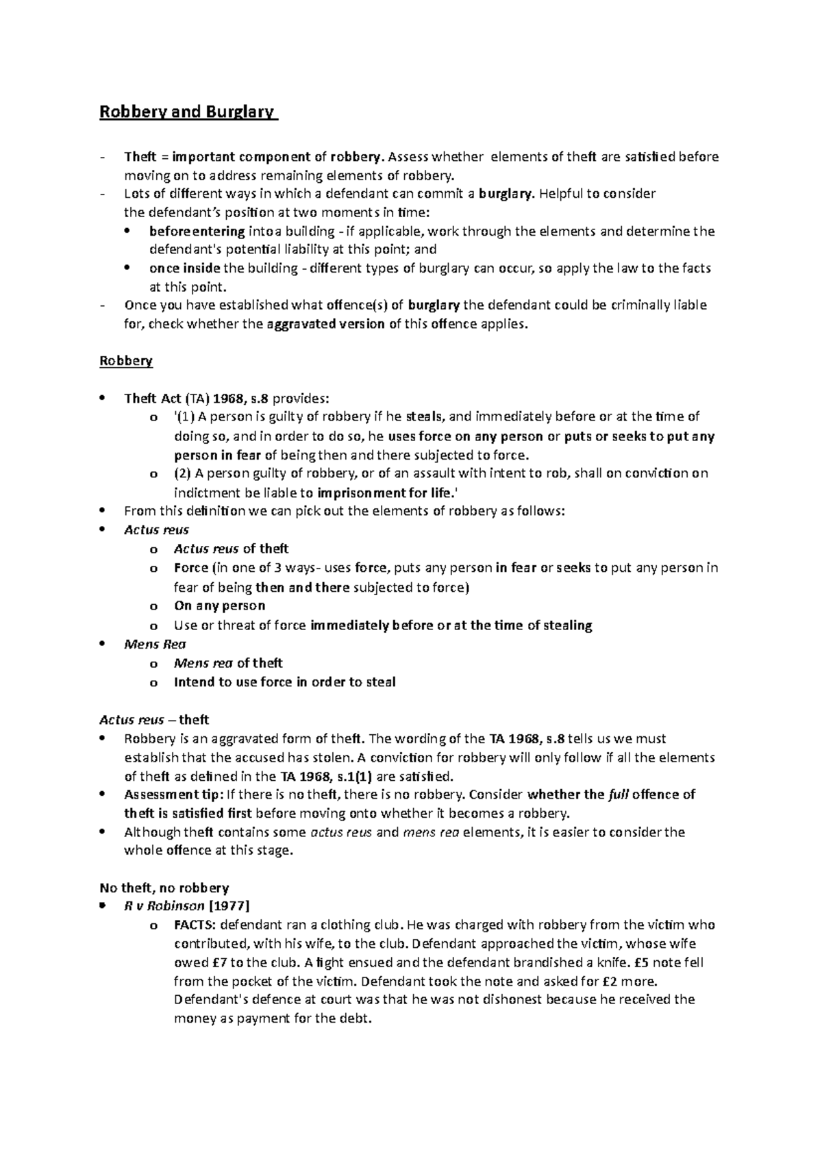 Workshop 5 - Robbery and Burglary - full lecture notes + tutorial work ...