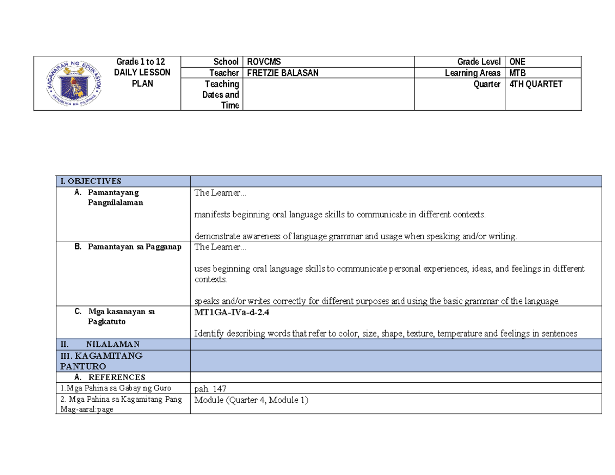 DETAILED LESSON PLAN - Grade 1 to 12 DAILY LESSON PLAN School ROVCMS ...