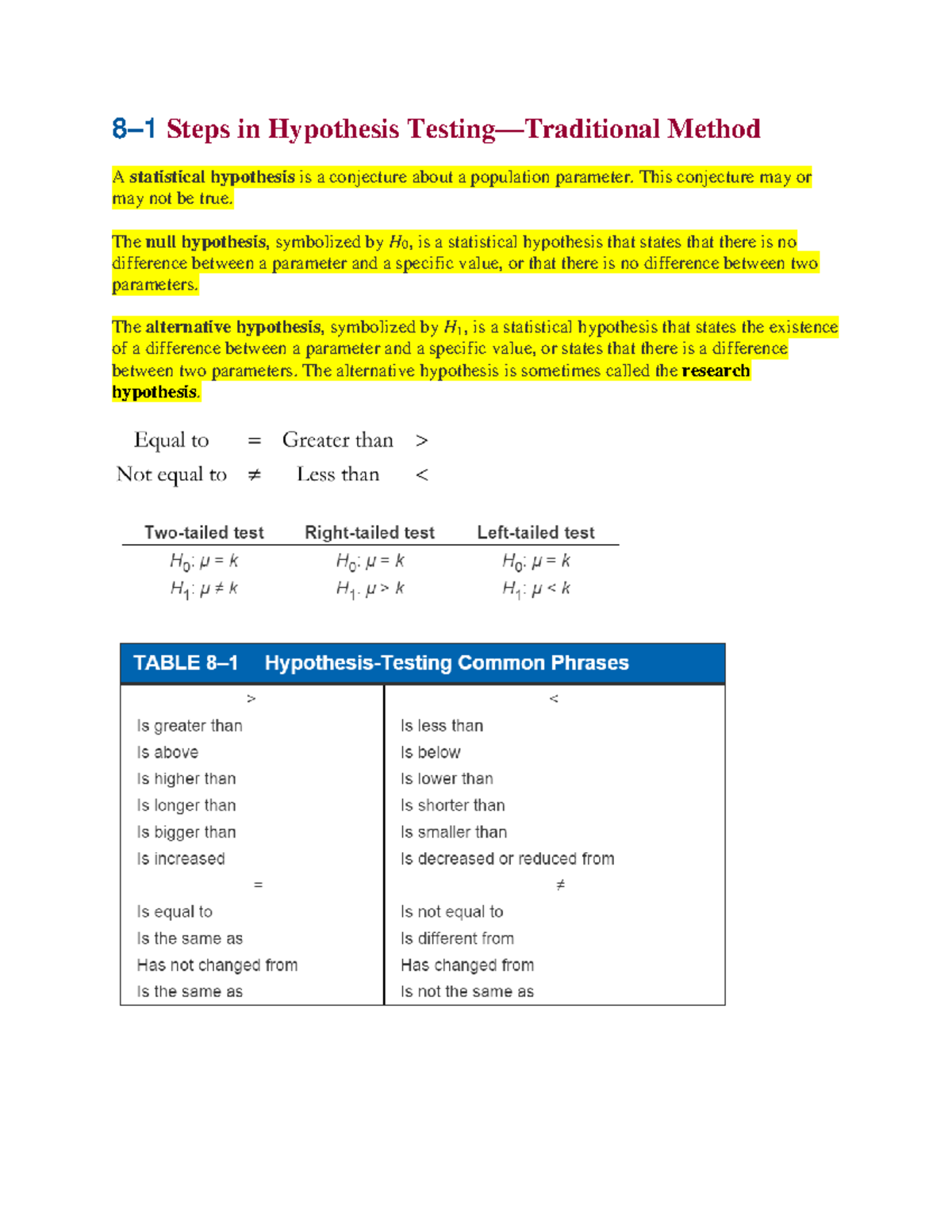 Math Section 8-1 - 8 – 1 Steps in Hypothesis Testing—Traditional Method ...