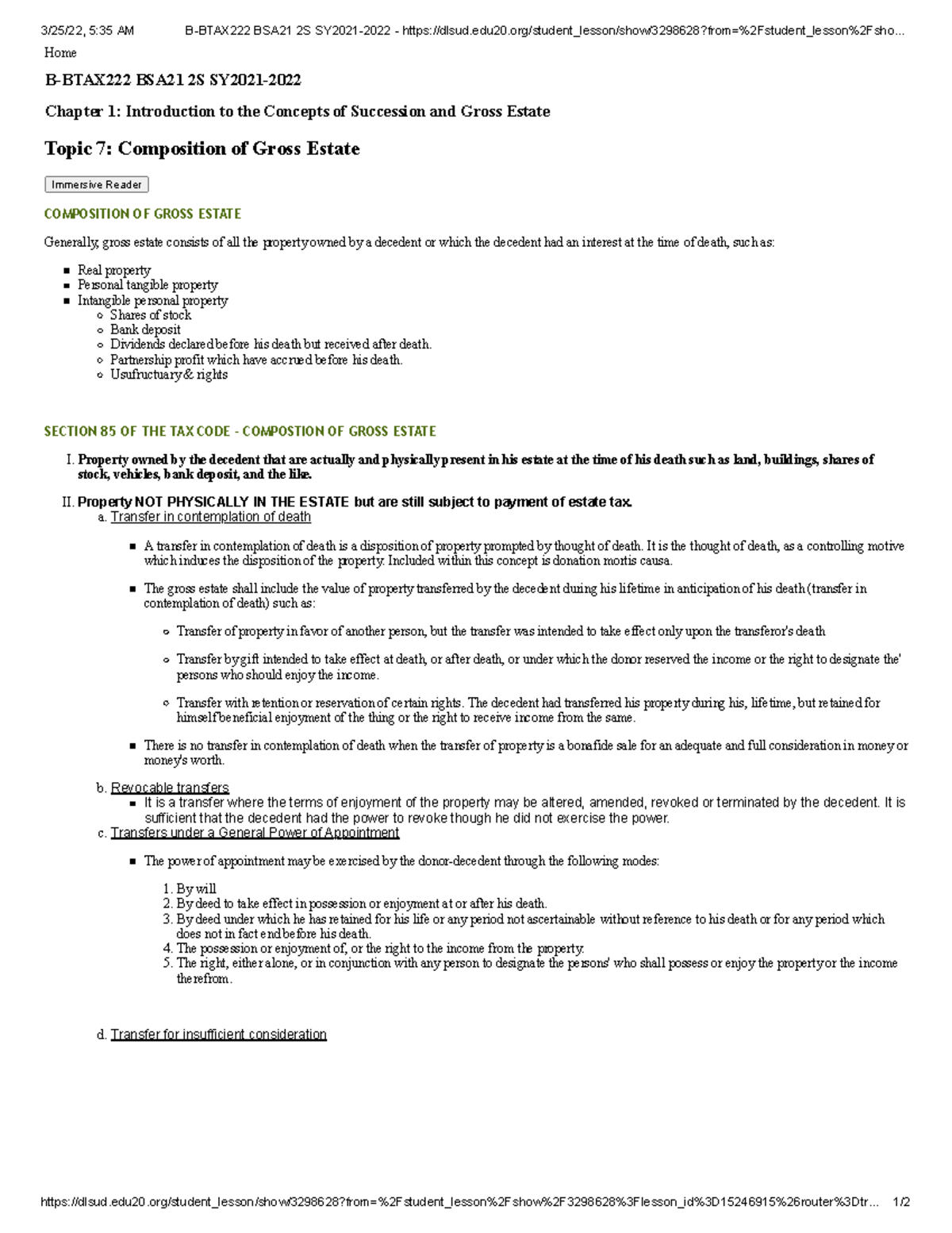 Topic 7 Composition OF Gross Estate - 3/25/22, 5:35 AM B-BTAX222 BSA21 2S SY2021-2022 - - Studocu