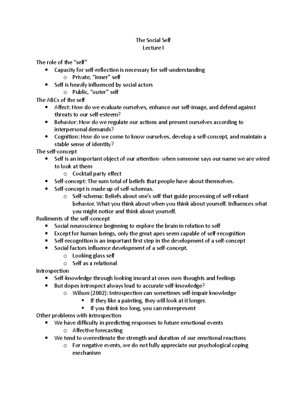 Chapter 3 - Lecture notes 1 - The Social Self Lecture I The role of the ...