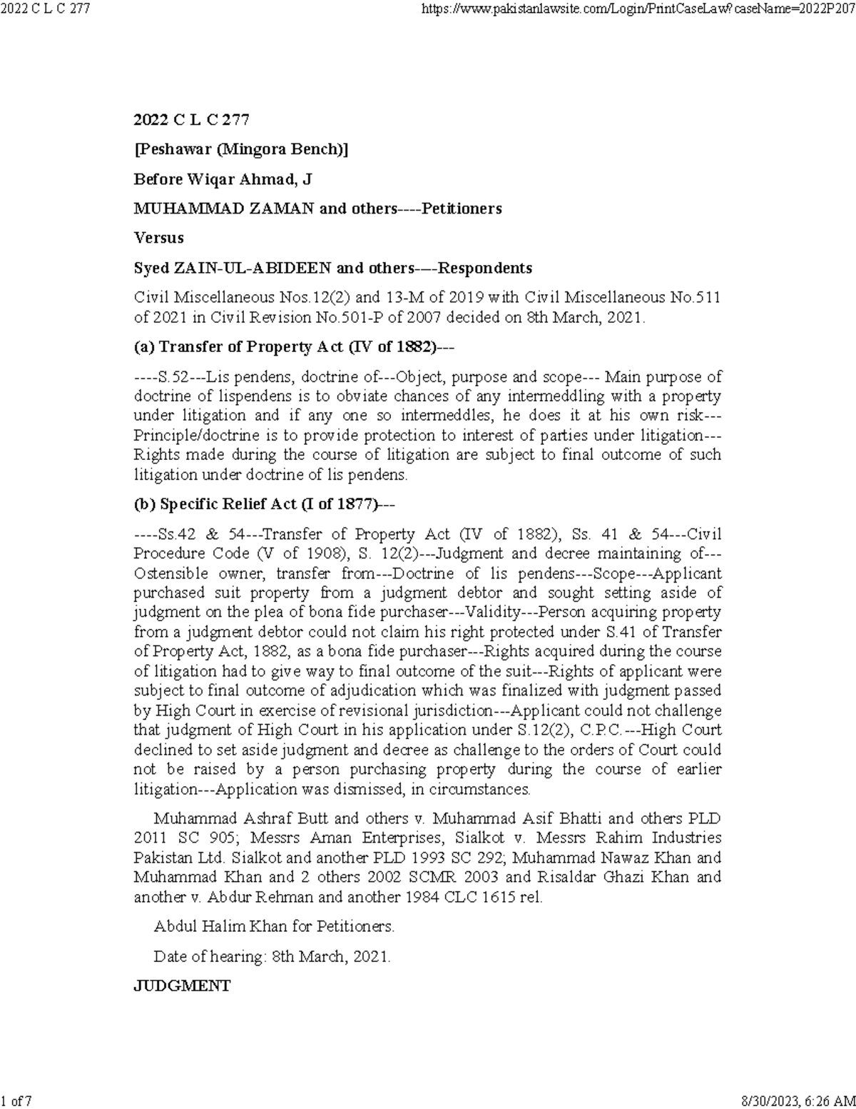 Lis pendens - principle of lis pendence - 2022 C L C 277 [Peshawar ...