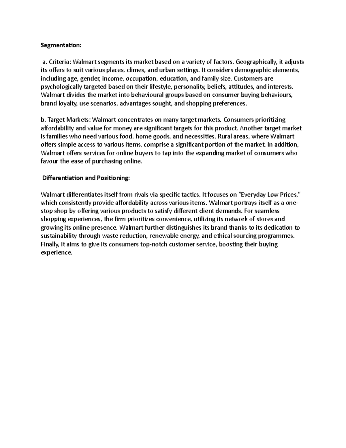 Marketing Management - Segmentation: a. Criteria: Walmart segments its ...