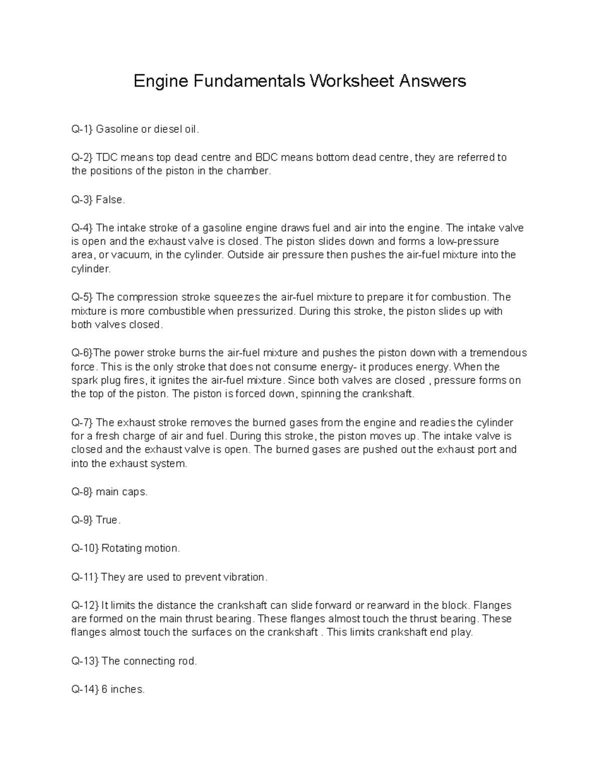 Engine Fundamentals Worksheet Answers - Q-2} TDC means top dead centre ...