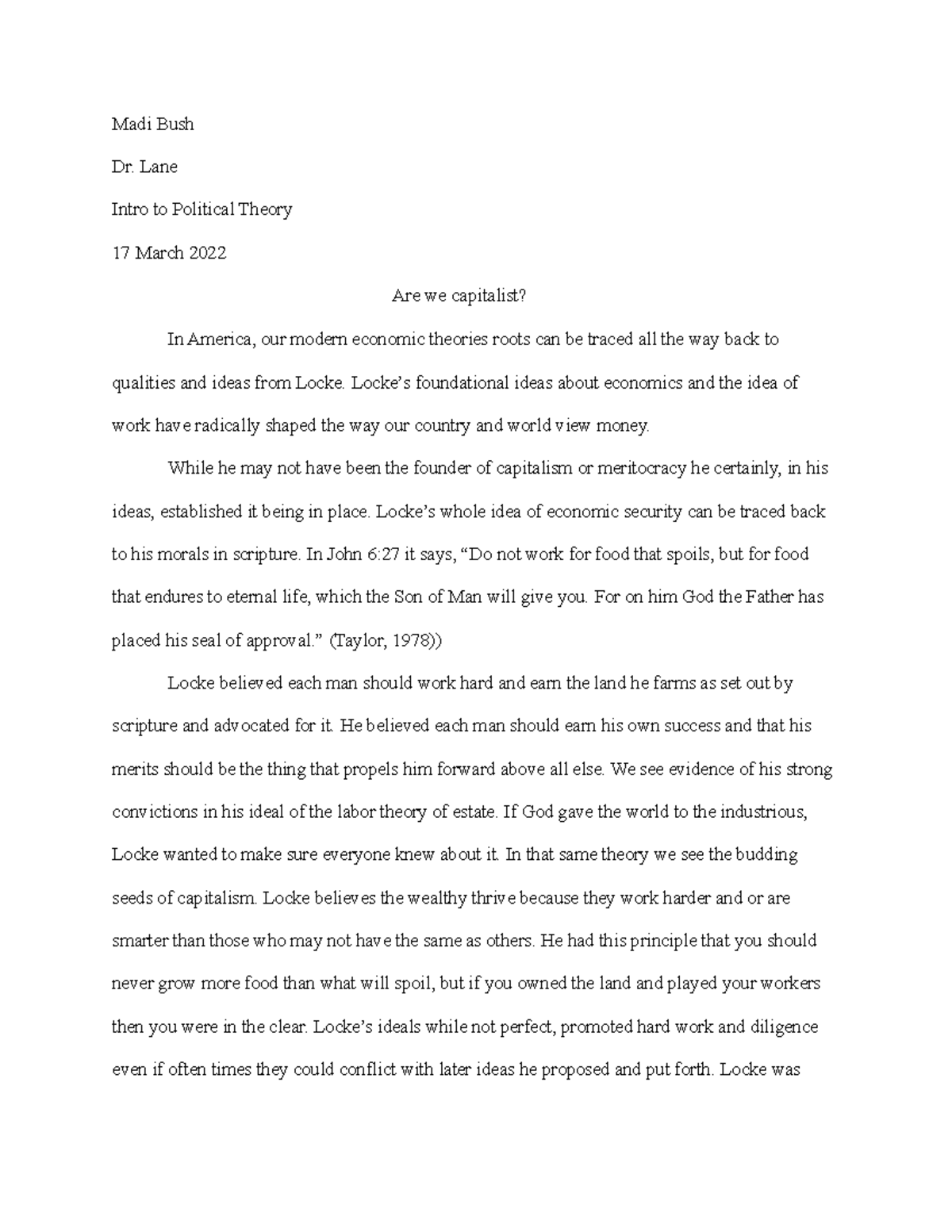 Locke Essay - Madi Bush Dr. Lane Intro to Political Theory 17 March ...