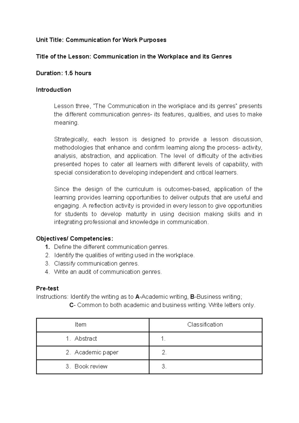 27 Unit-III-Lesson-3.docx - Unit Title: Communication for Work Purposes Title of the Lesson ...