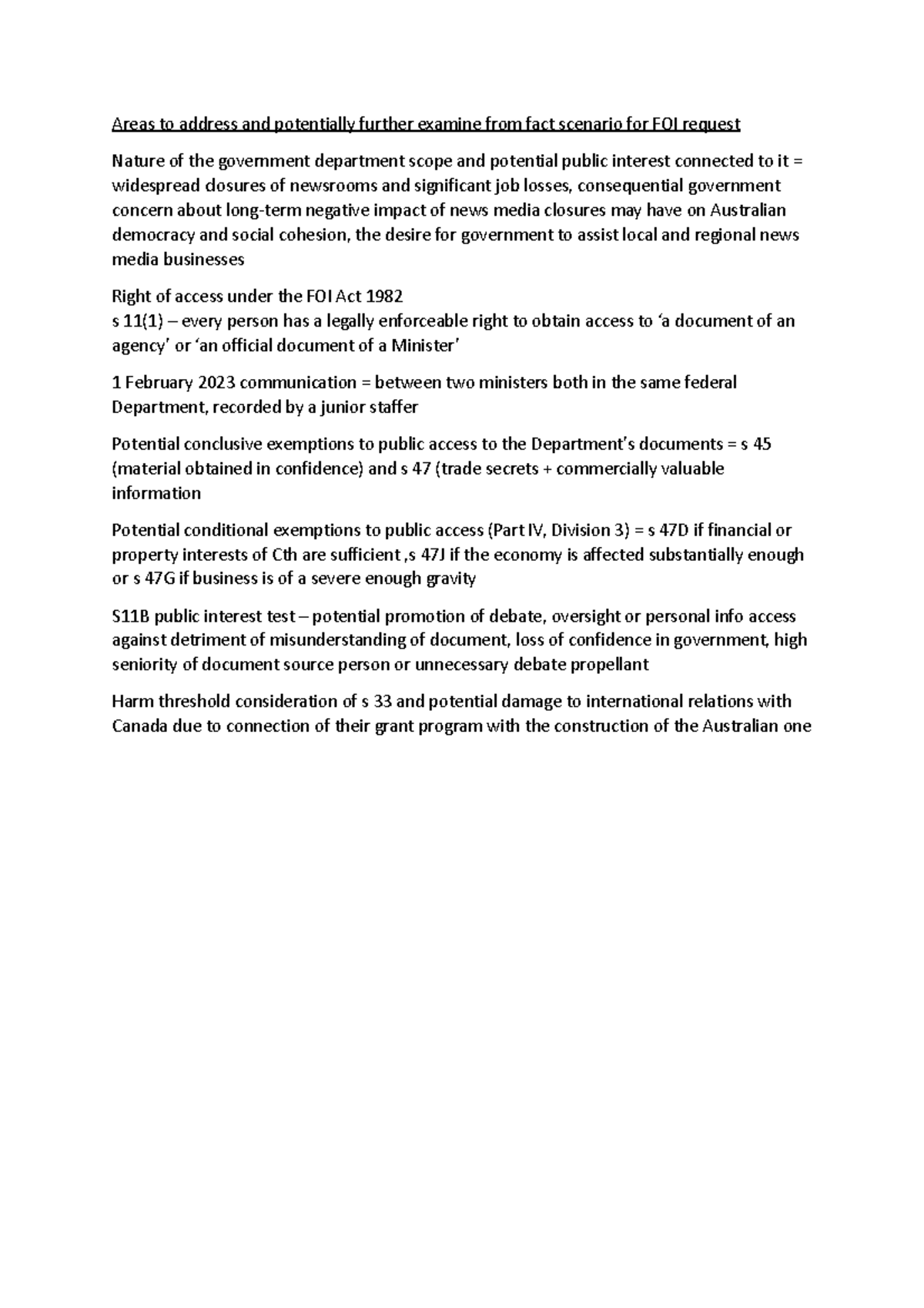 70617 Admin Law - plan for FOI request advice - Areas to address and ...