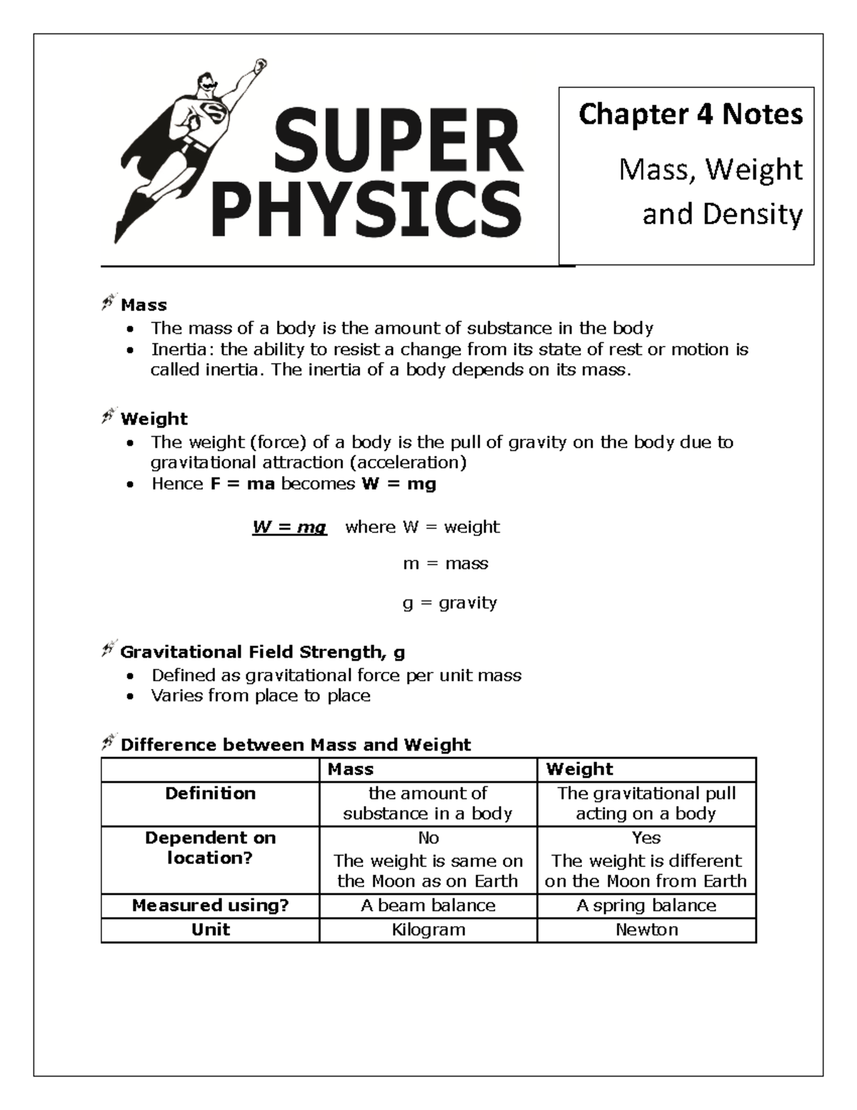 C4 Mass Weight and Density Notes - Chapter 4 Notes Mass, Weight and ...