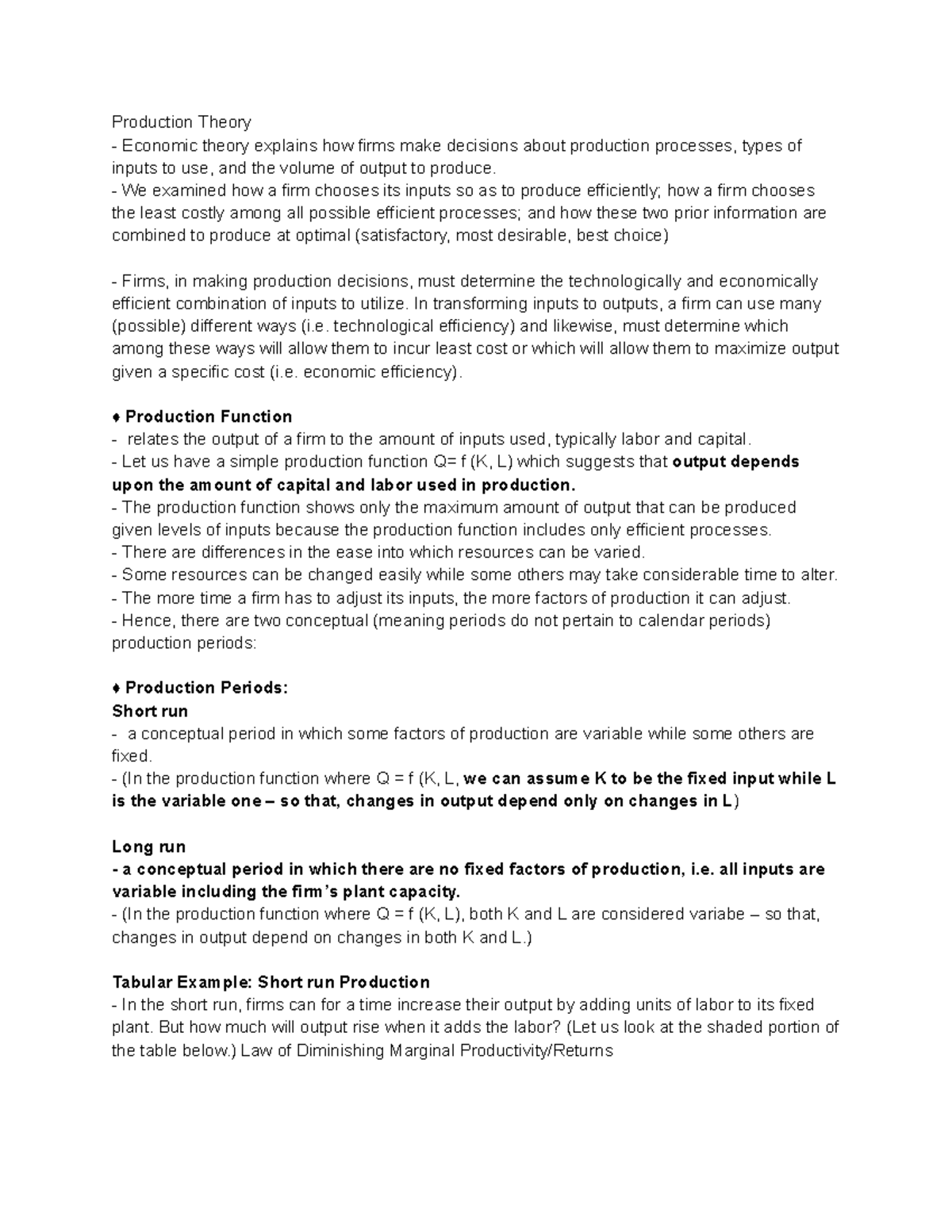 Notes Production Theory - Production Theory Economic theory explains ...