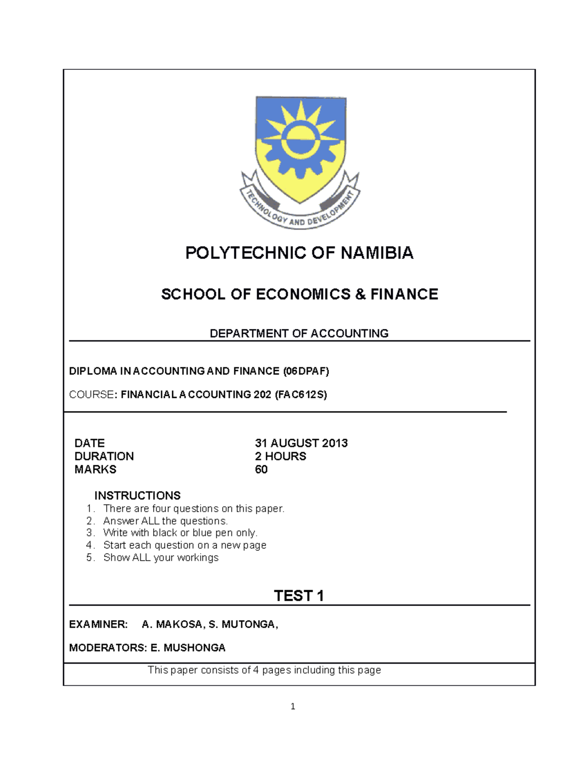 Test 1 2013, questions and answers - POLYTECHNIC OF NAMIBIA SCHOOL OF ...