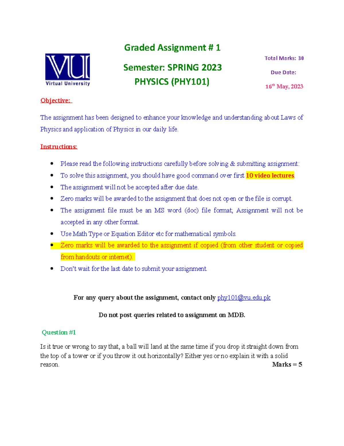 Spring 2023 PHY101 1 - dxfcvc - Graded Assignment # 1 Semester: SPRING 2023 PHYSICS (PHY101 ...