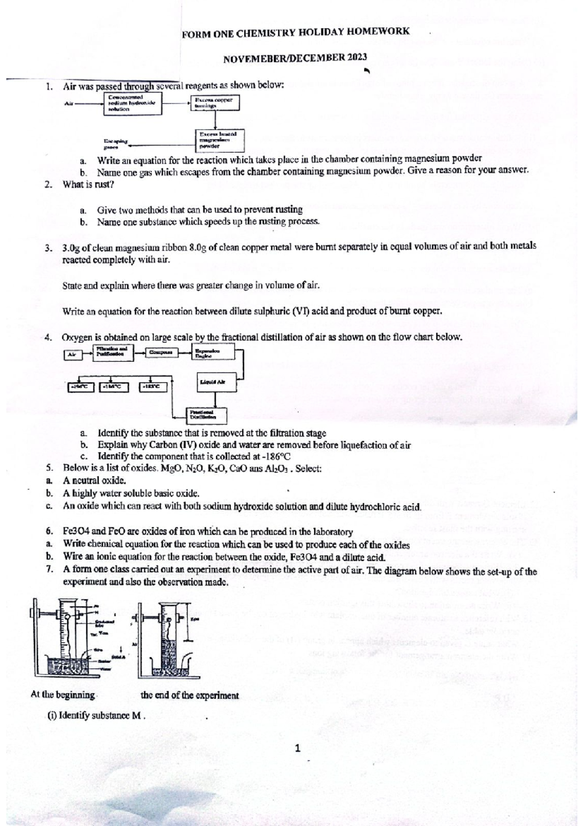 Form 1 chemistry Nov assignment - Chemistry - Studocu