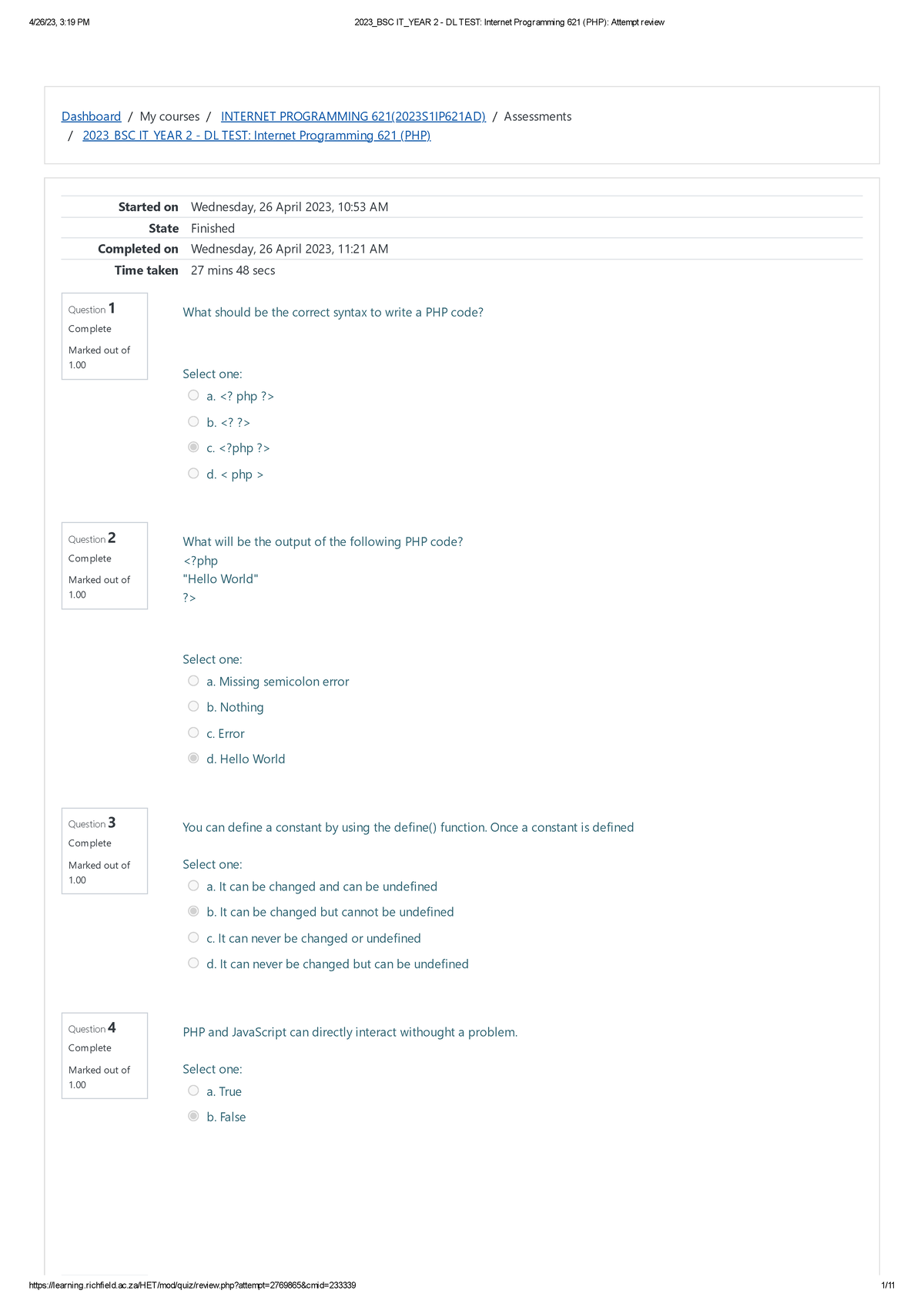 2023 BSC IT YEAR 2 - DL TEST Internet Programming 621 (PHP) Attempt ...