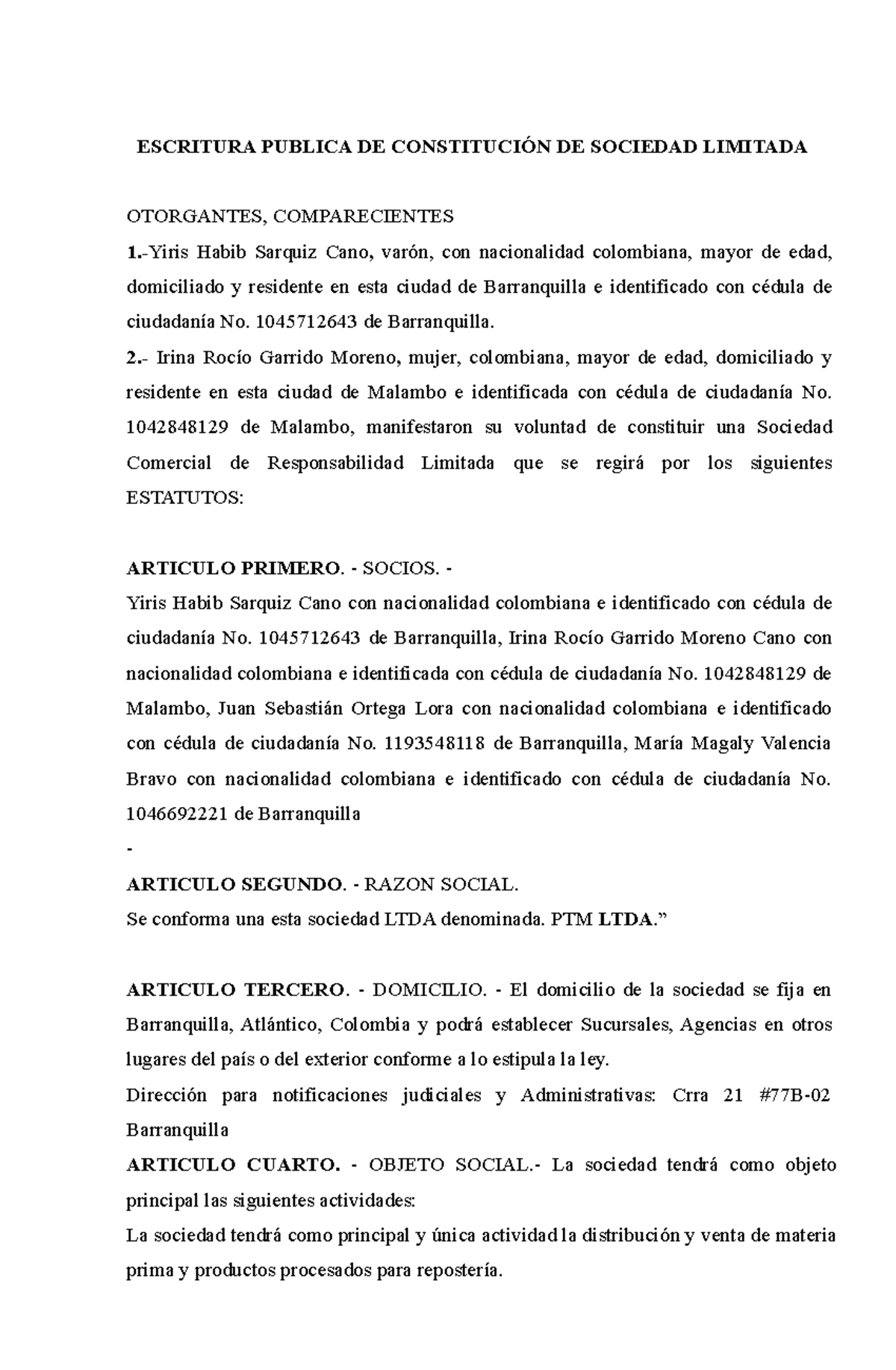 Escritura Publica Sociedad LTDA - ESCRITURA PUBLICA DE CONSTITUCIÓN DE SOCIEDAD LIMITADA ...