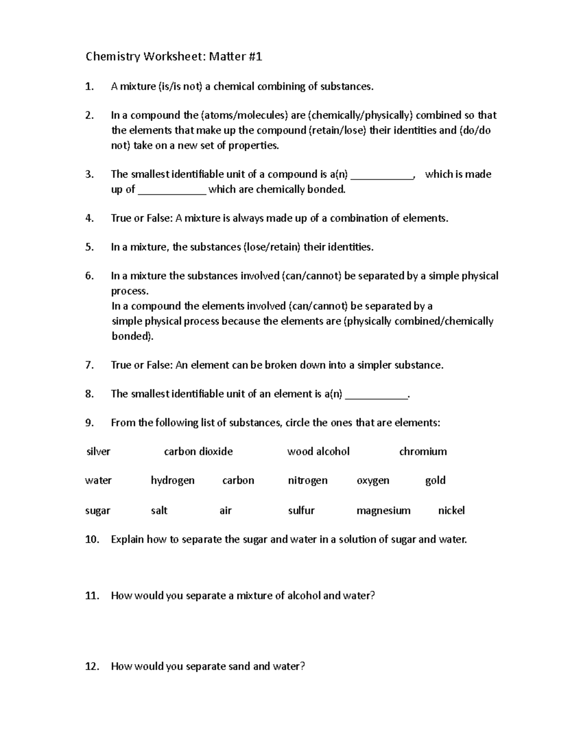 Matter 1Wkst Cards 2021 - Chemistry Worksheet: Matter A mixture (is/is ...