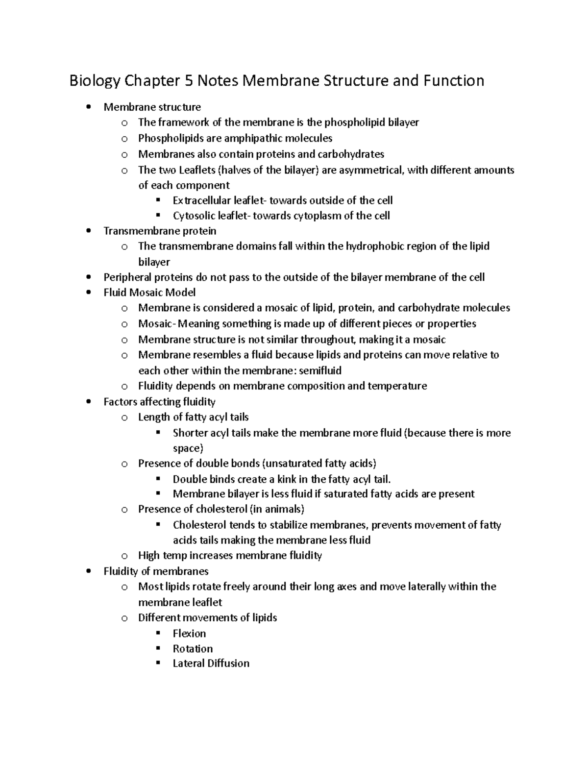 Biology Chapter 5 notes - Biology Chapter 5 Notes Membrane Structure ...