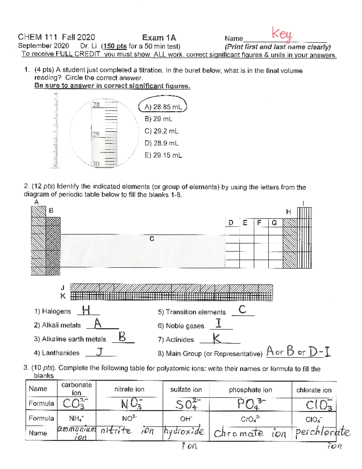 Exam 1 M,W,F Chem111 Fall2020 Li KEY - CHEM 111 - Studocu