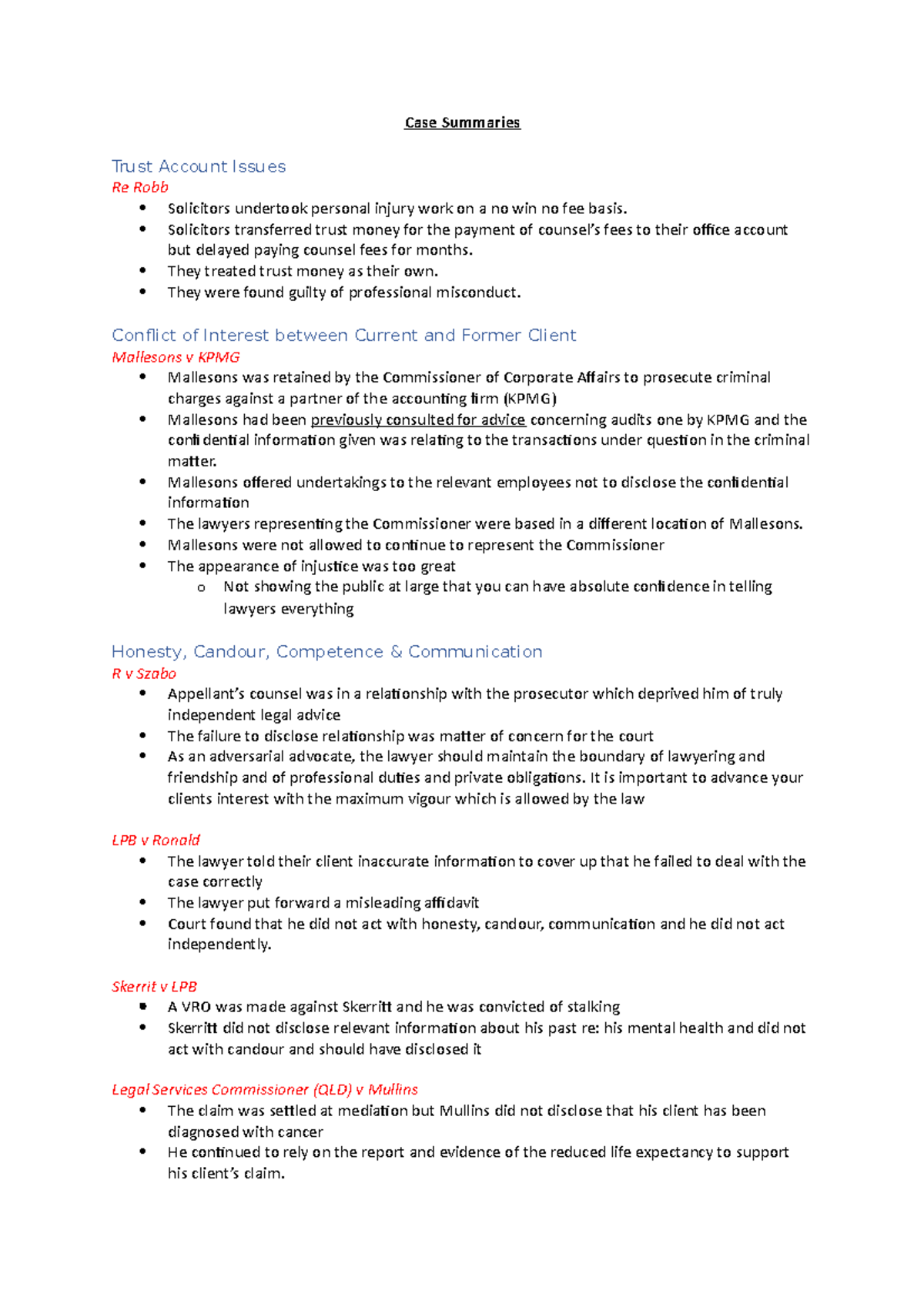Case Summaries - Lecture notes 1-10 - Case Summaries Trust Account ...
