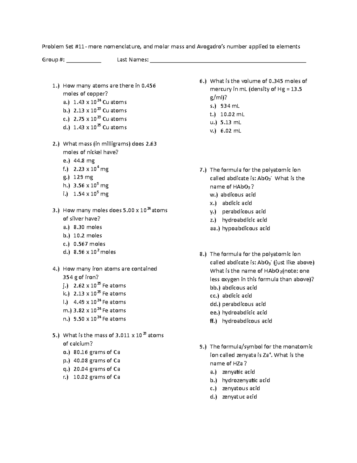 Chem Problem Set 11 - Problem Set #11- more nomenclature, and molar mass and Avogadro’s number ...