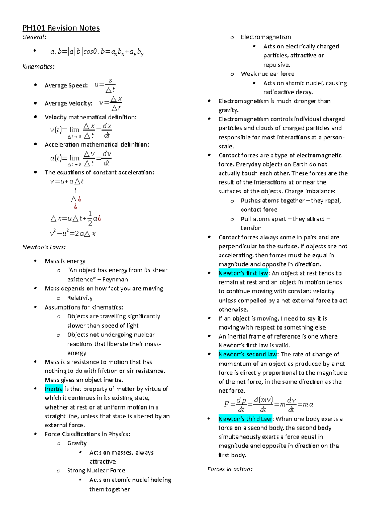 PH101 Revision Notes - General: a=|a||b|cosθ.b=axbx+ayby Kinematics ...