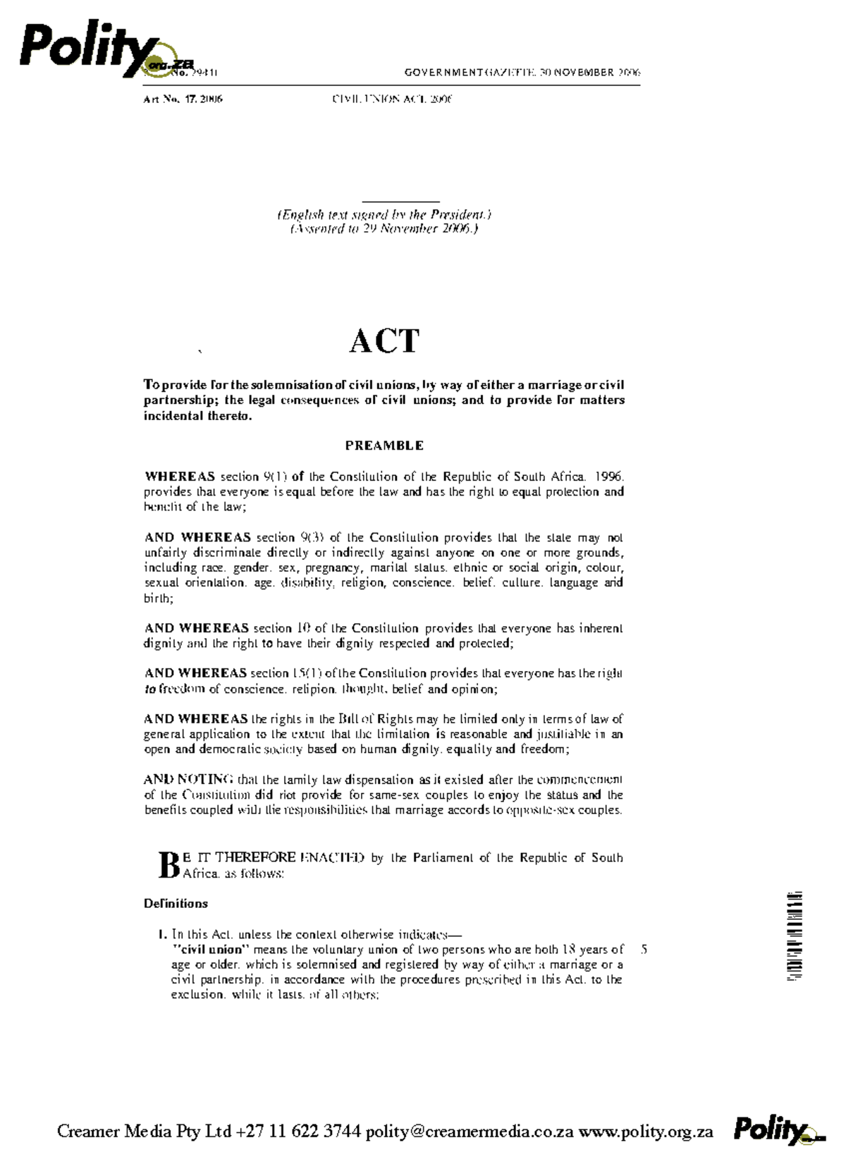 Civil Union Act 2006 - 2 No. 29111 GOVERNMENT G A % I T I E 7 0 ...