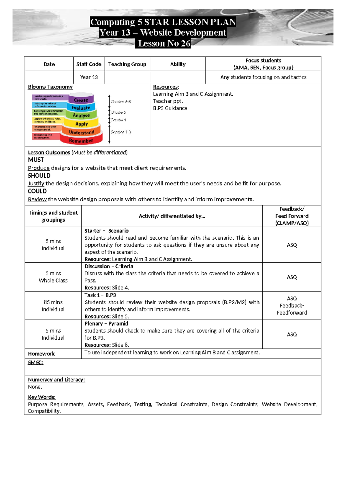Lesson-26-Plan - Lesson Plan - Computing 5 STAR LESSON PLAN Year 13 ... Lesson-26-Plan - Lesson Plan - Computing 5 STAR LESSON PLAN Year 13 ...